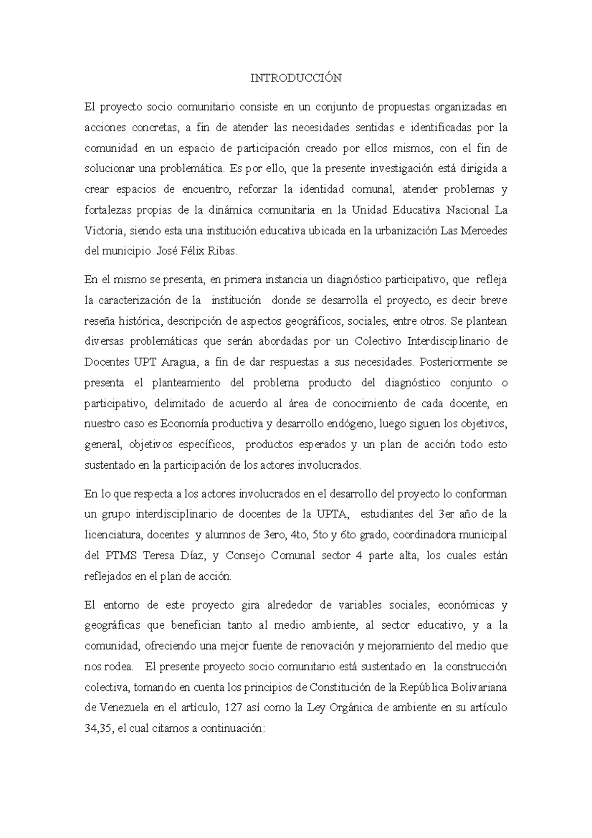Proyecto Sociocomunitario - INTRODUCCIÓN El proyecto socio comunitario ...