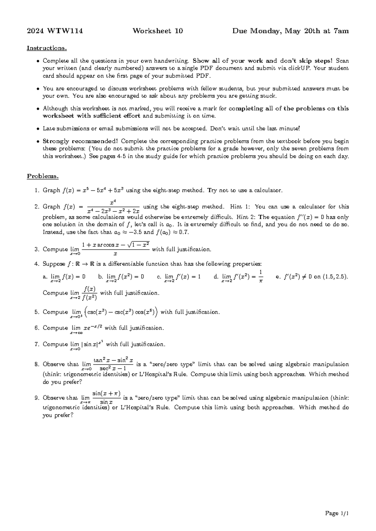 Worksheet 10 - 2024 WTW114 Worksheet 10 Due Monday, May 20th at 7am ...