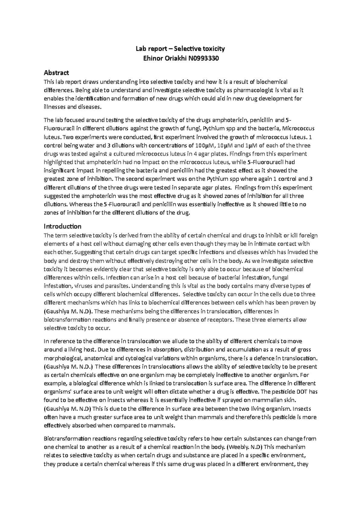 Lab report - selective toxicity - Copy - Lab report – Selective ...