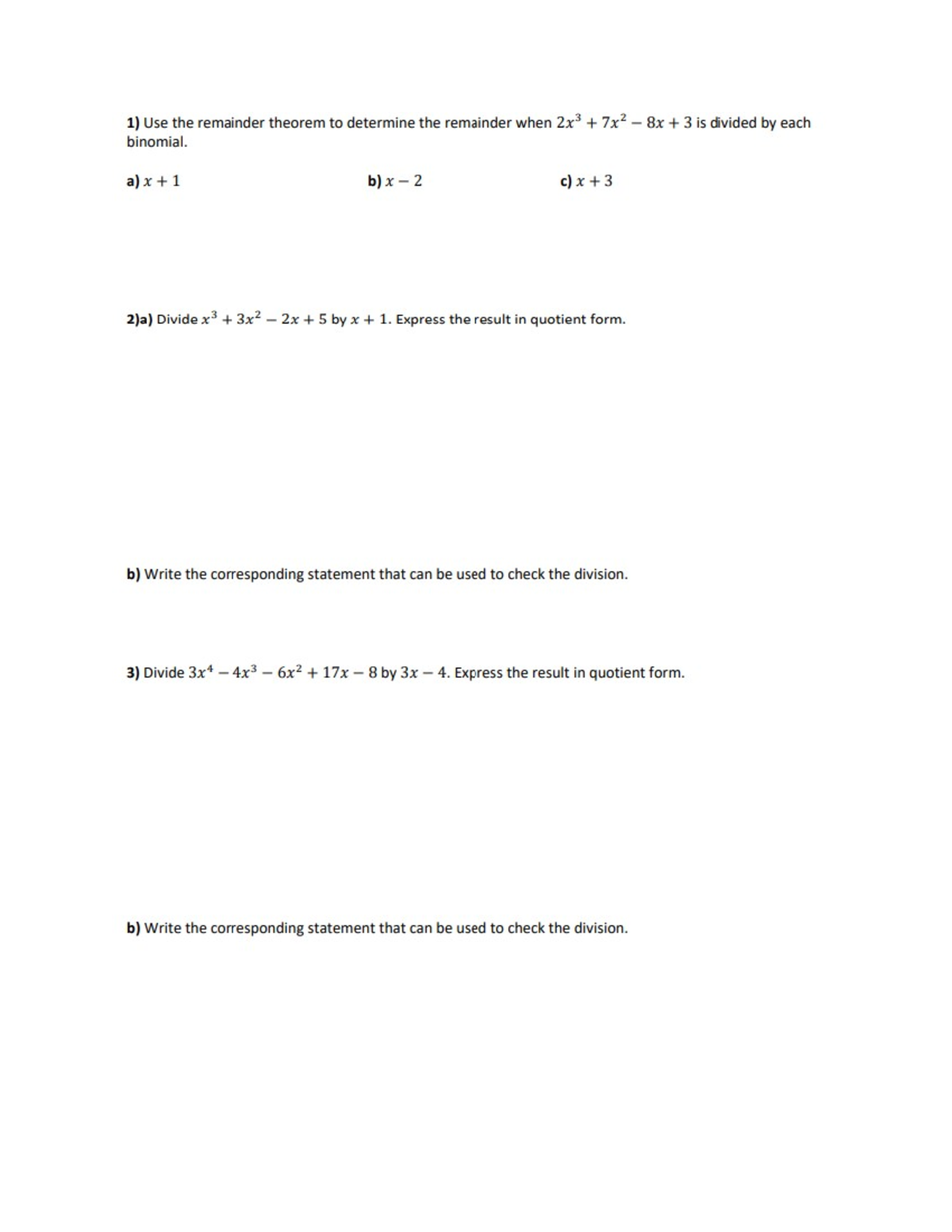 Polynomials-Remainder Theorem - 1) Use the remainder theorem to ...