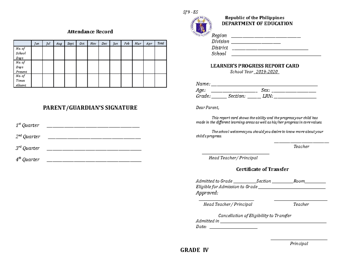 SF 9 ES Learners Progress Report Card - Attendance Record Jun Jul Aug ...