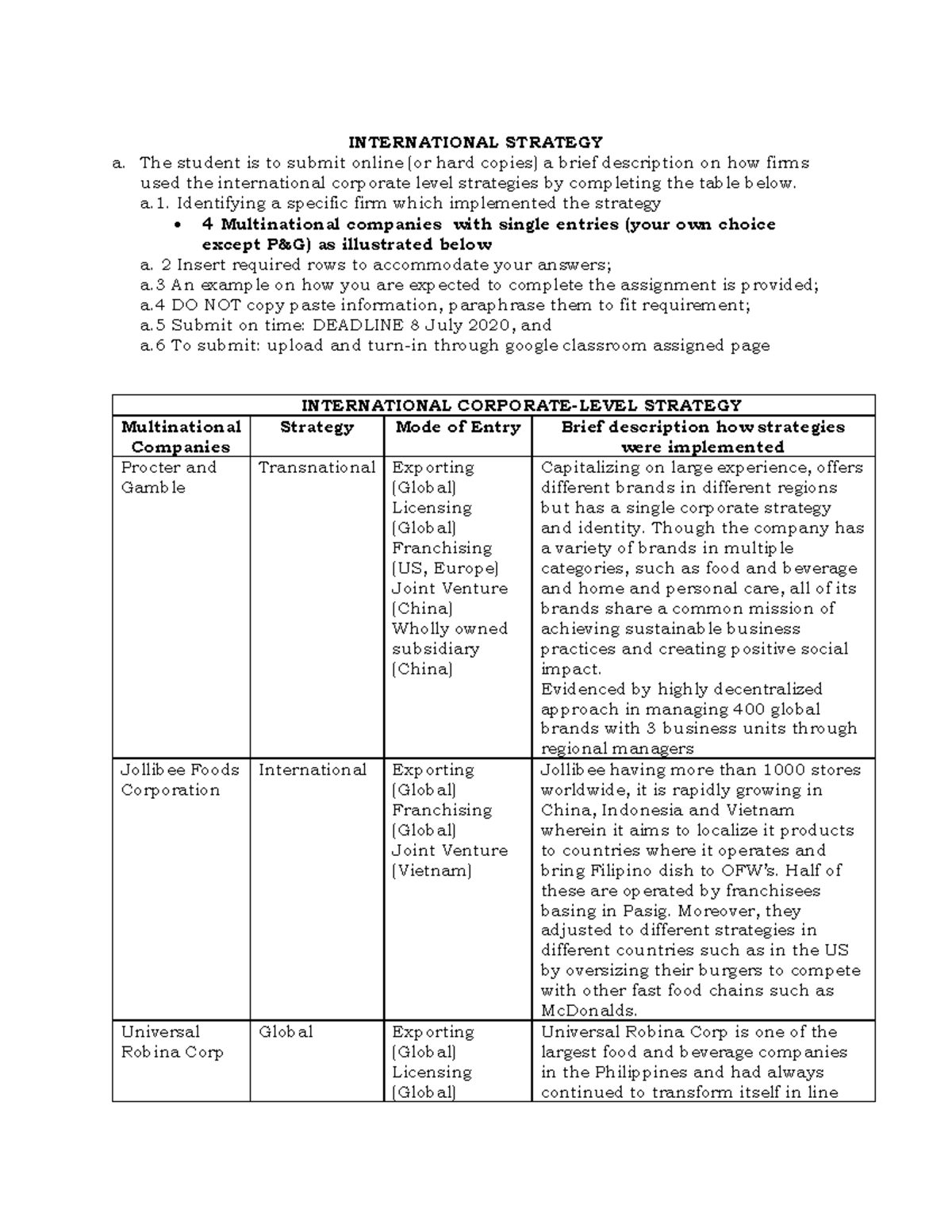 International Strategy - INTERNATIONAL STRATEGY a. The student is to ...