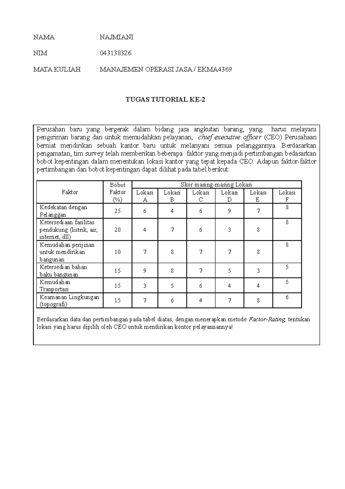 Soal Tugas 2 Tuton EKMA4369 - NAMA : NAJMIANI NIM : 043138326 MATA KULIAH : MANAJEMEN OPERASI ...