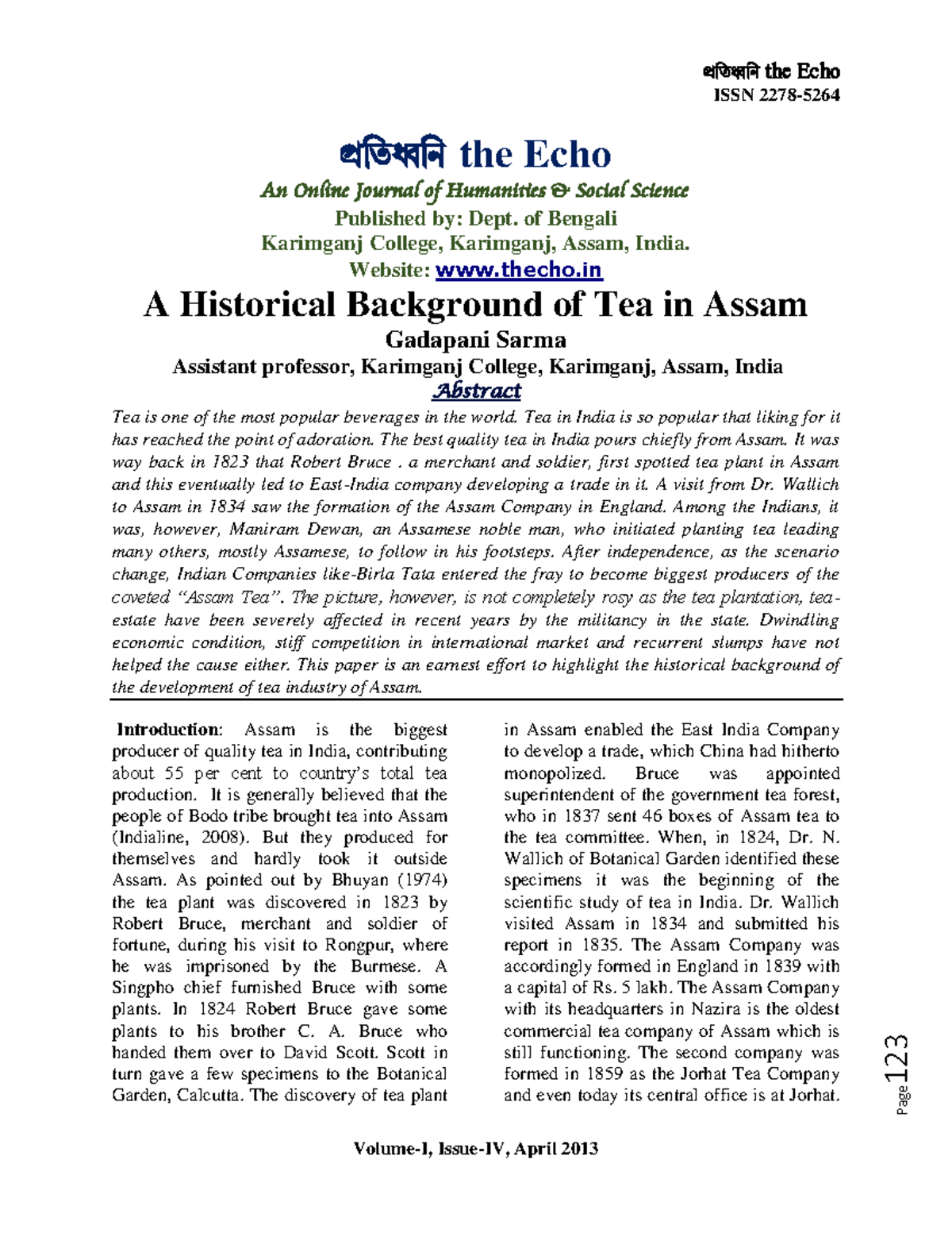 A historical background of tea in assam - ISSN 2278- Page 123 ্쵚তি ্쵓তি ...