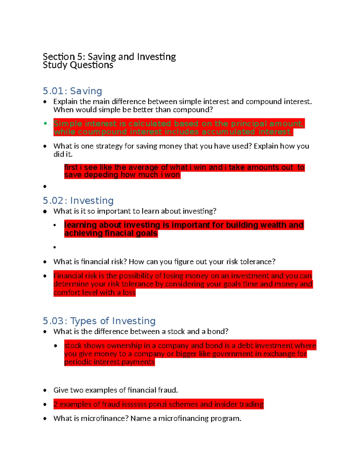 Study Questions - Section 5: Saving and Investing Study Questions 5 ...
