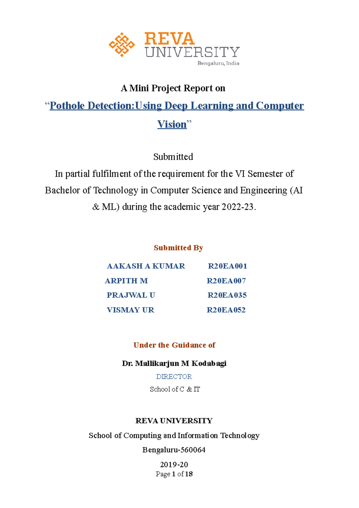 NOT Final MP Report - A Mini Project Report on “Pothole Detection:Using Deep Learning and ...