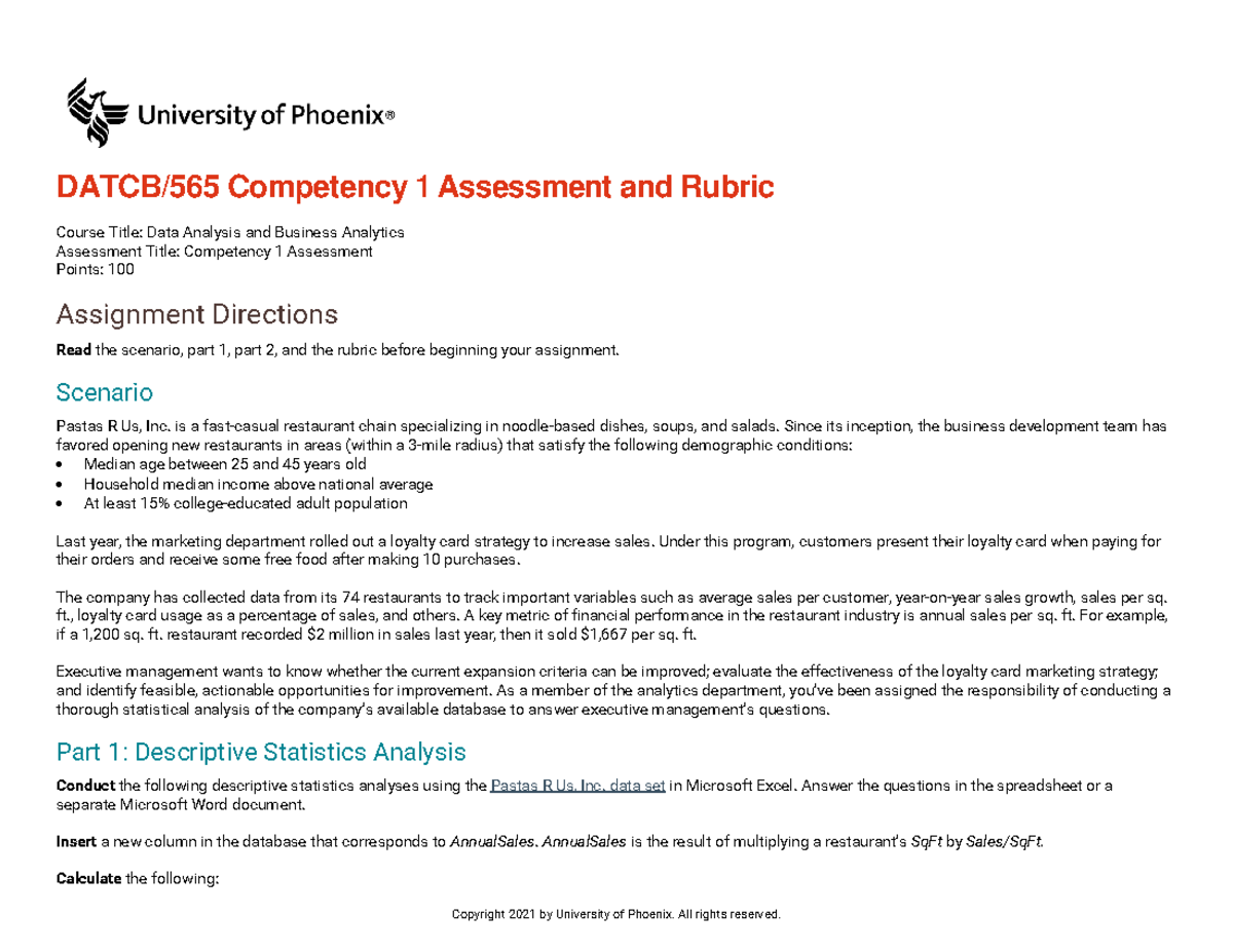 Datcb 565 v1 comp1 rubric - DATCB/565 Competency 1 Assessment and Rubric Course Title: Data ...