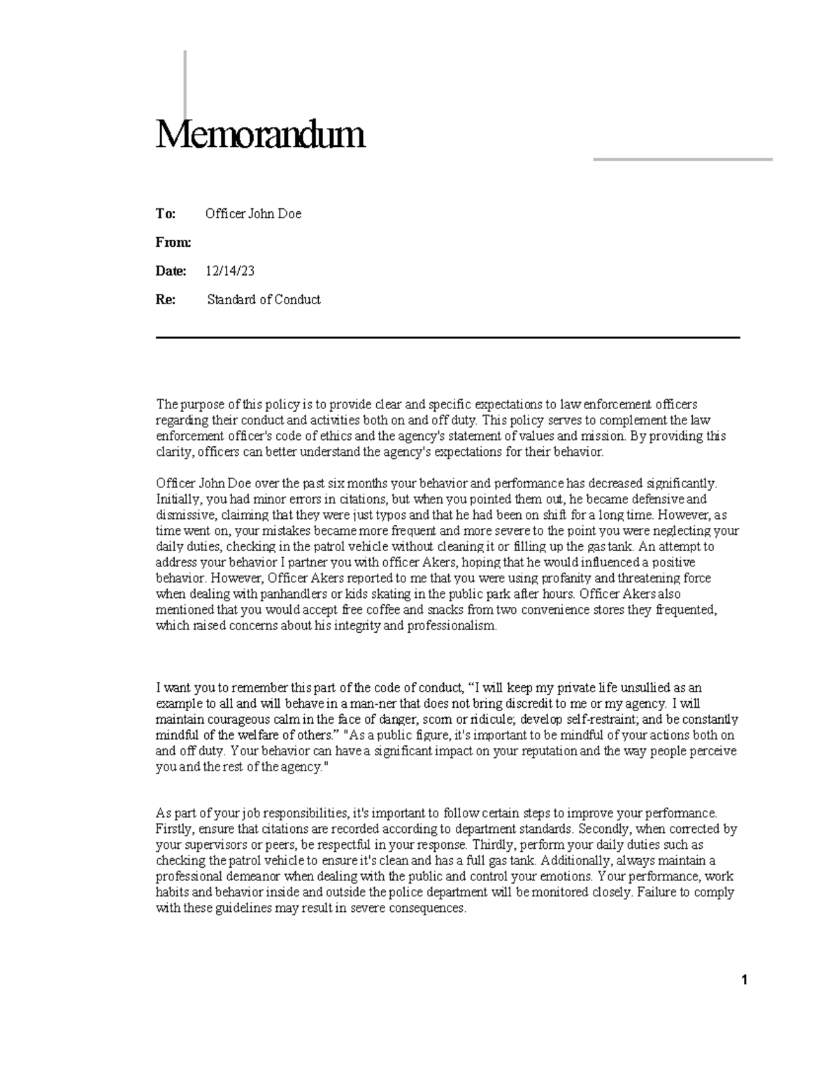 Personnel Action Memo - memo assignment - Memorandum To: Officer John ...