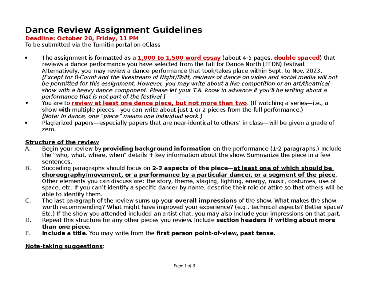 DANC1340 F23 Dance Review Guidelines - Dance Review Assignment ...