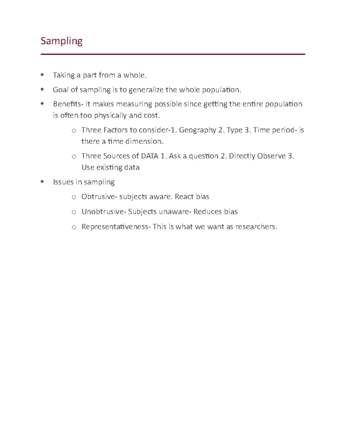Part 2- Notes - Sampling Taking a part from a whole. Goal of sampling ...