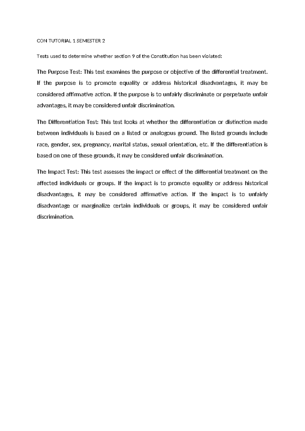 CON Tutorial 1 Semester 2 - CON TUTORIAL 1 SEMESTER 2 Tests used to ...