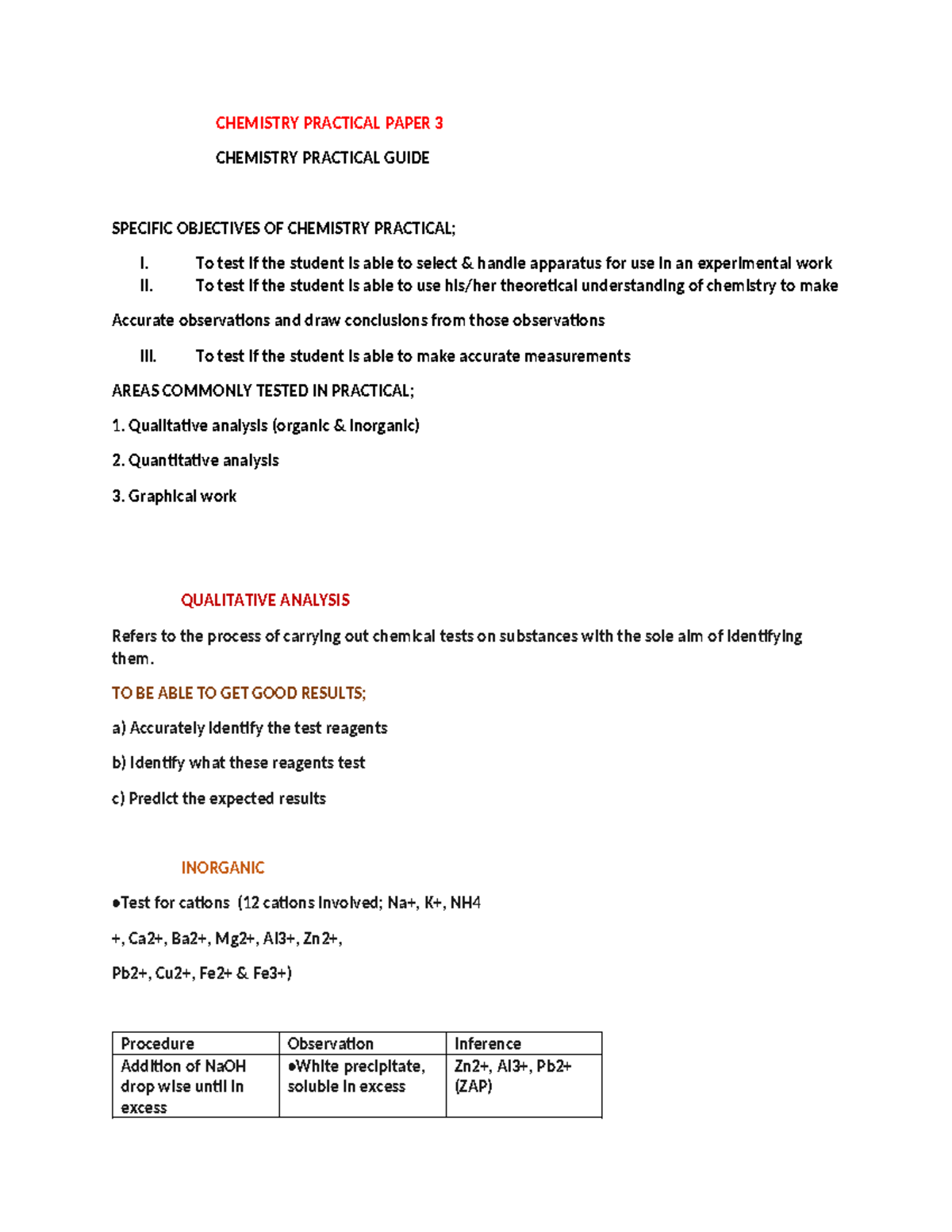 Chemistry paper 3 notes - CHEMISTRY PRACTICAL PAPER 3 CHEMISTRY ...