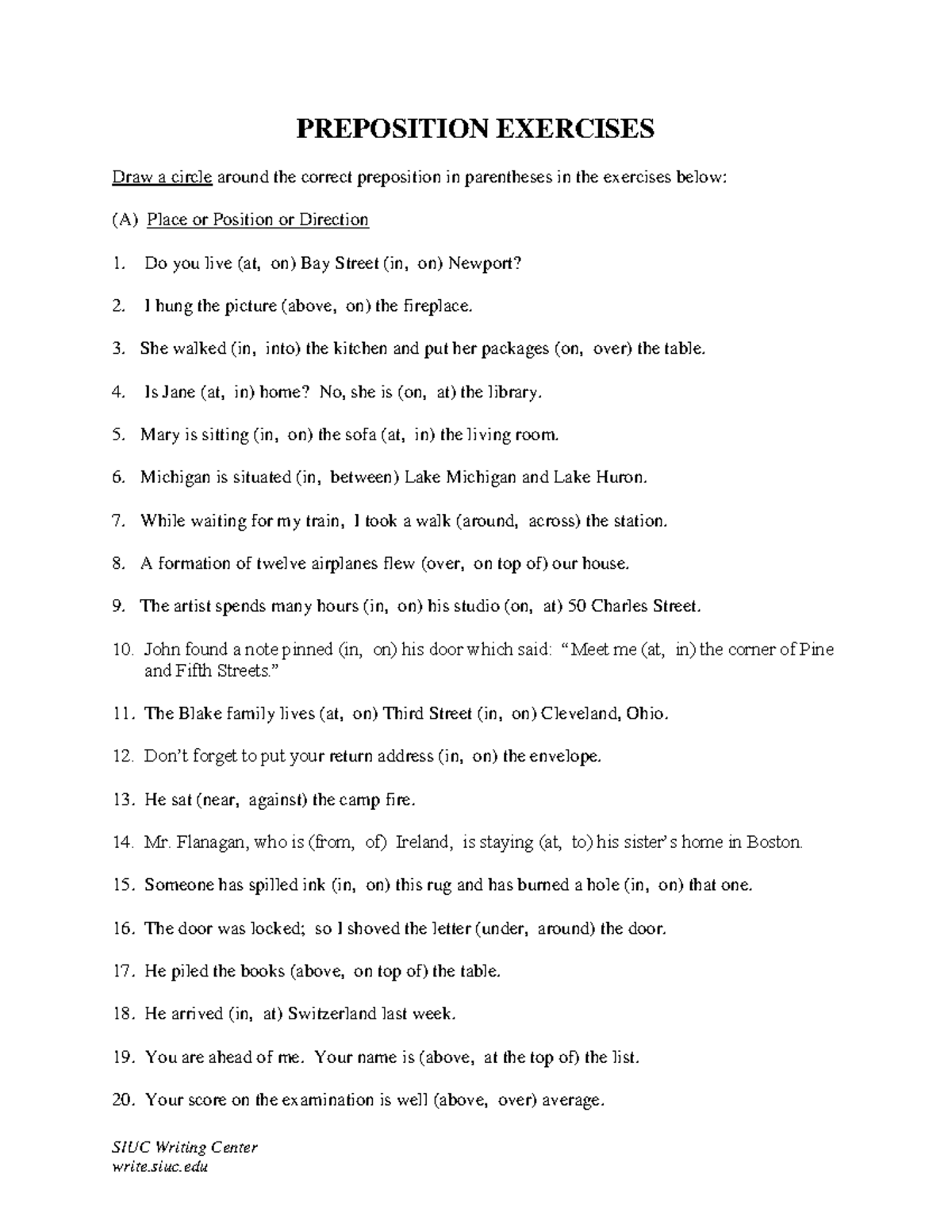 Preposition-exercises - PREPOSITION EXERCISES Draw a circle around the ...