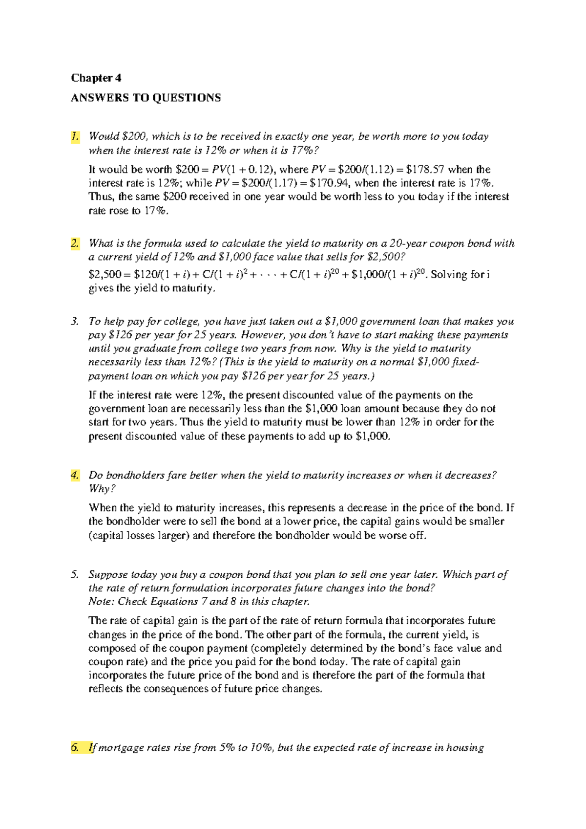 Unit 4 money and interest rates questions - Chapter 4 ANSWERS TO ...