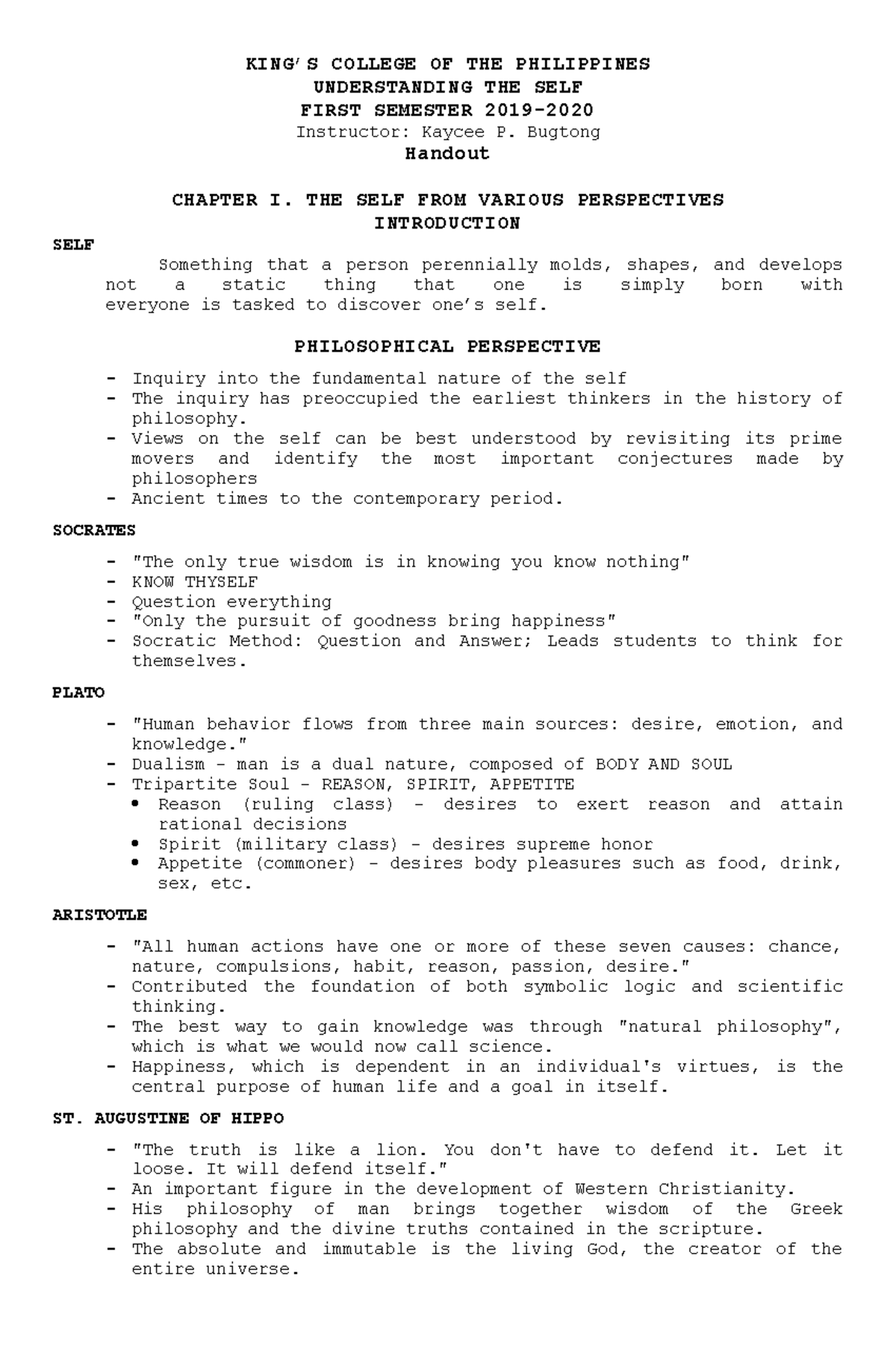 Understanding the Self Handout 1 - KING’S COLLEGE OF THE PHILIPPINES ...