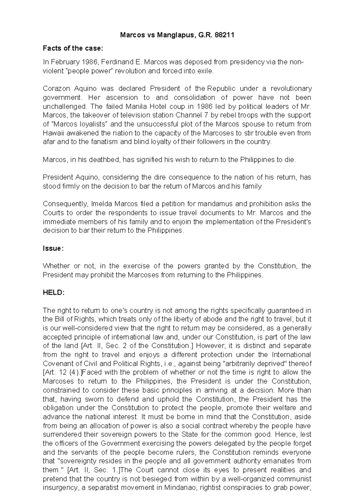 Marcos VS Manglapus - Summary Constitutional Law: Civil Rights and ...