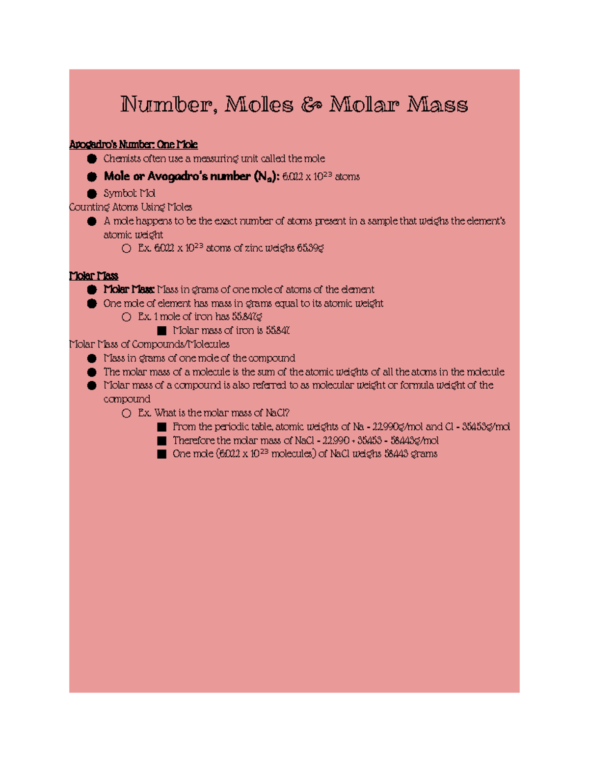 3.1 Notes - Number, Moles & Molar Mass Avogadro’s Number: One Mole ...
