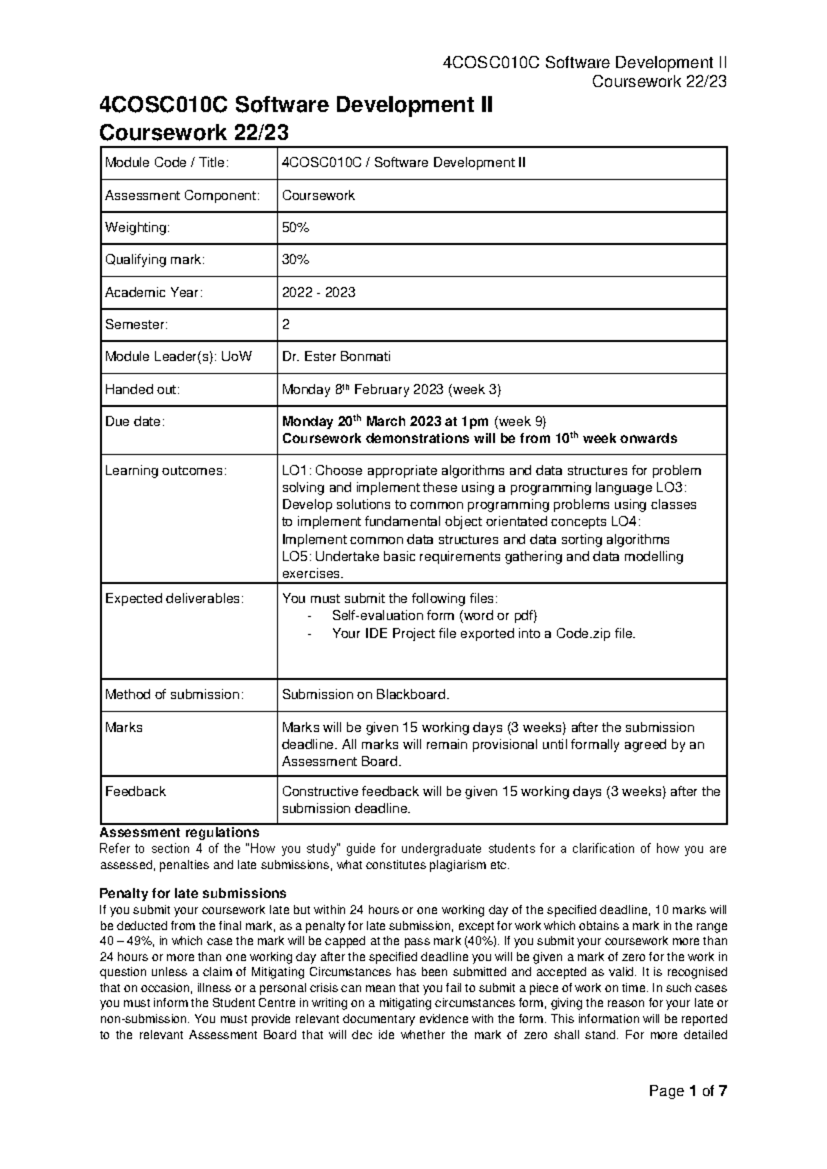 Coursework Description - Coursework 22/ 4COSC010C Software Development II Coursework 22/ Module ...