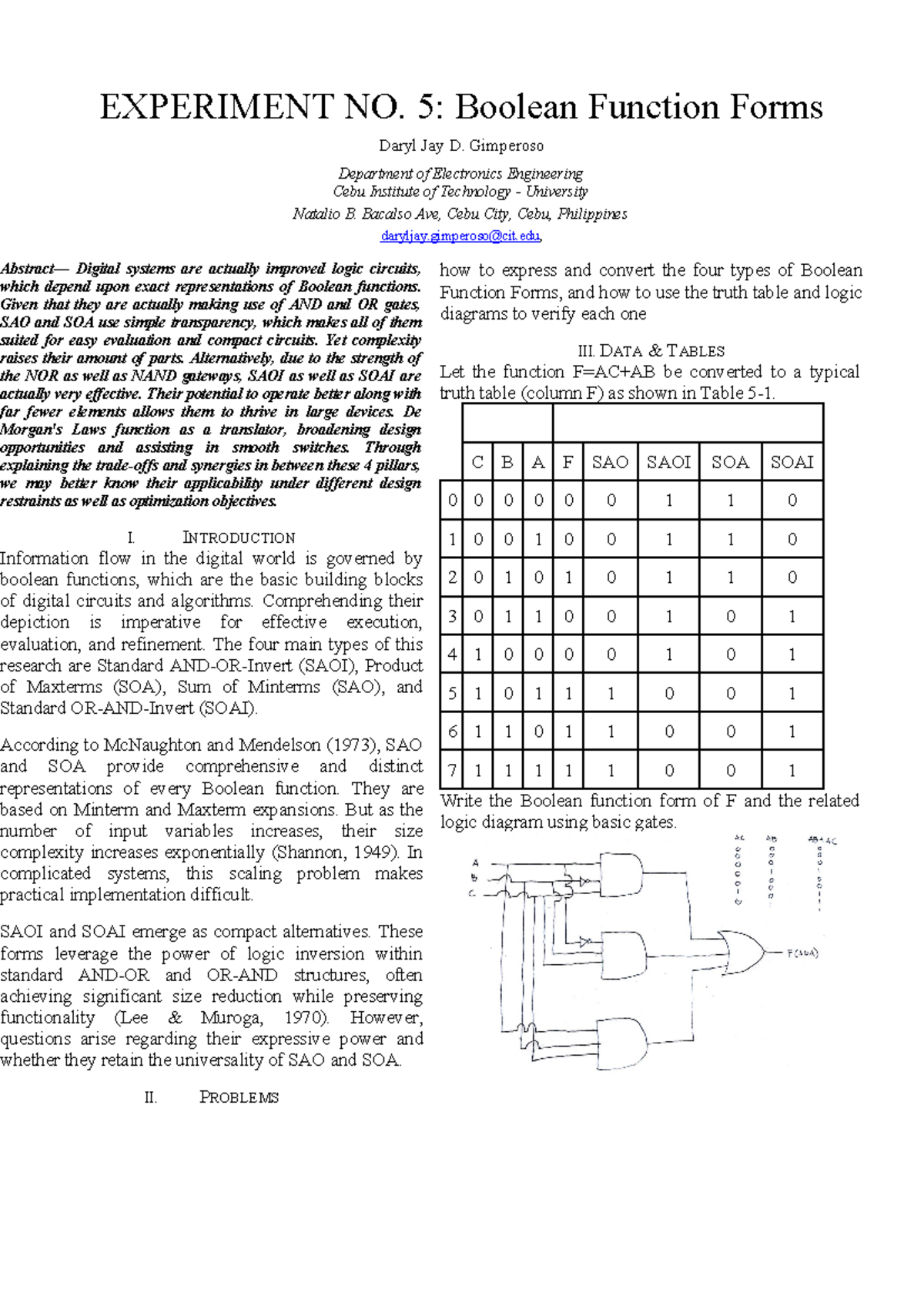 IEEE-Exp-5 - EXPERIMENT NO. 5: Boolean Function Forms Daryl Jay D ...