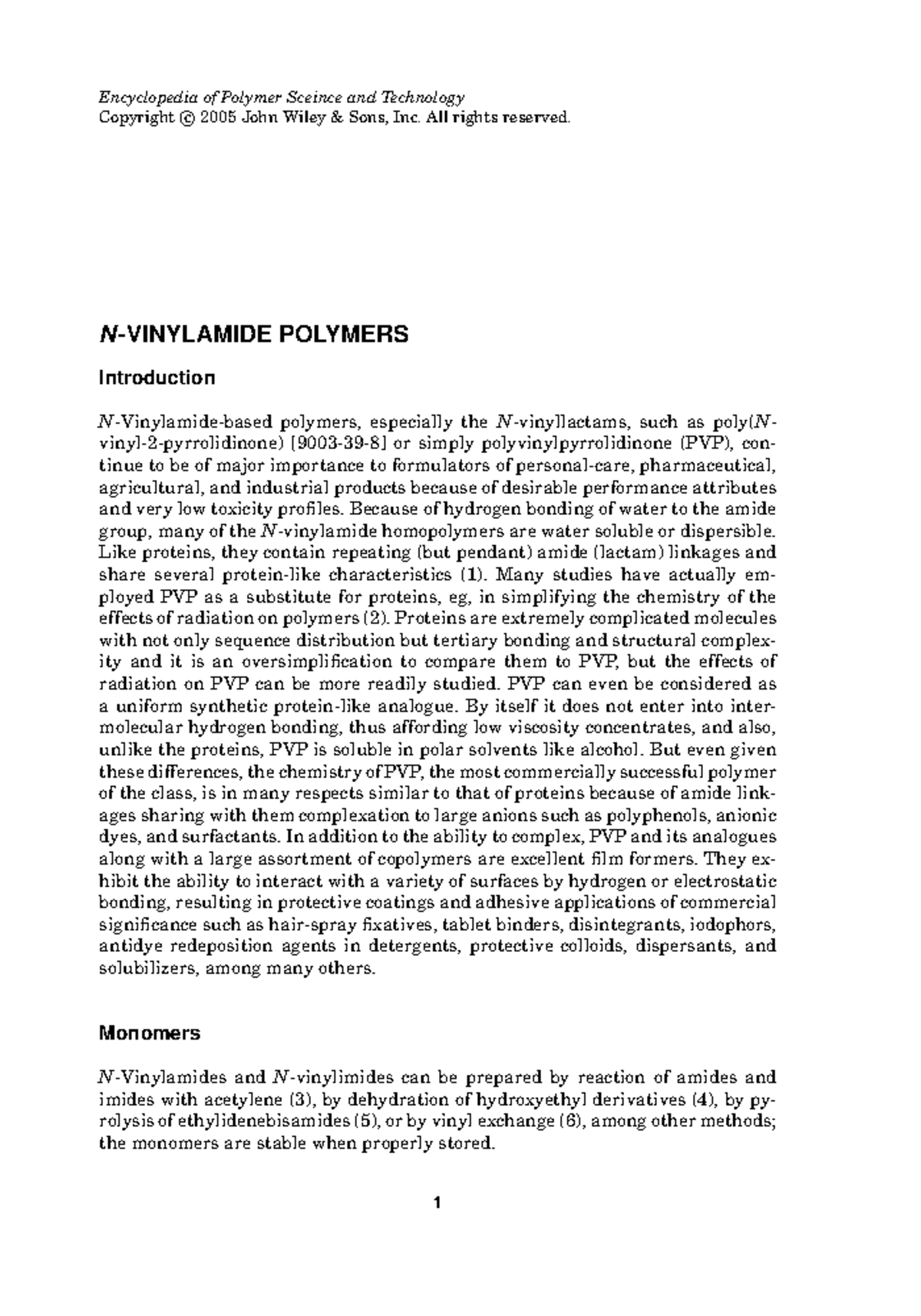 N-Vinylamide Polymers - Encyclopedia of Polymer Sceince and Technology Copyrightc2005 John Wiley ...
