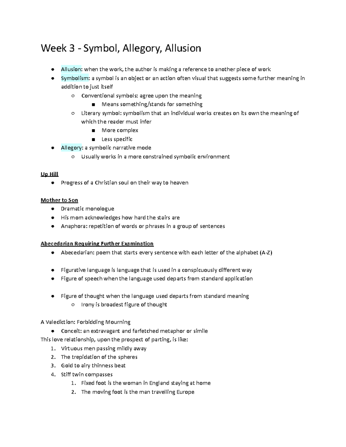 ENGL 100 Week 3 Notes - Week 3 - Symbol, Allegory, Allusion Allusion ...