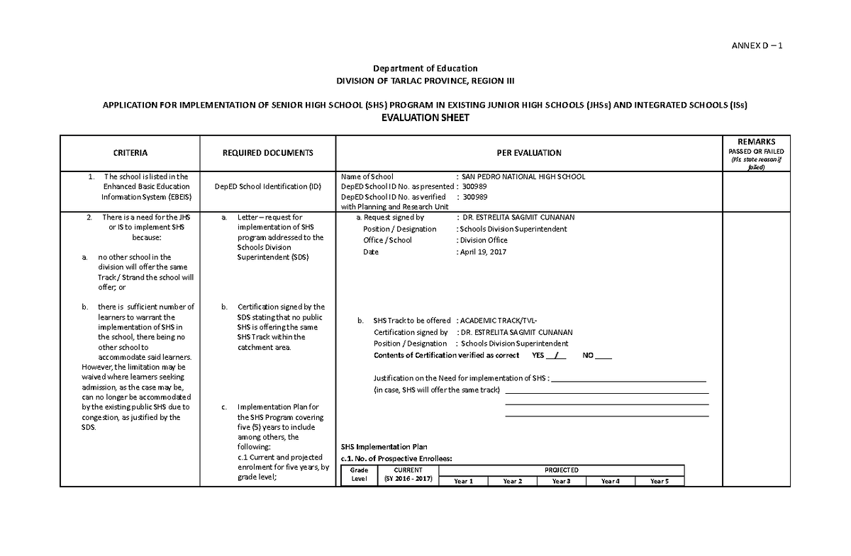 D - 1 Forms - ANNEX D – 1 Department of Education DIVISION OF TARLAC ...