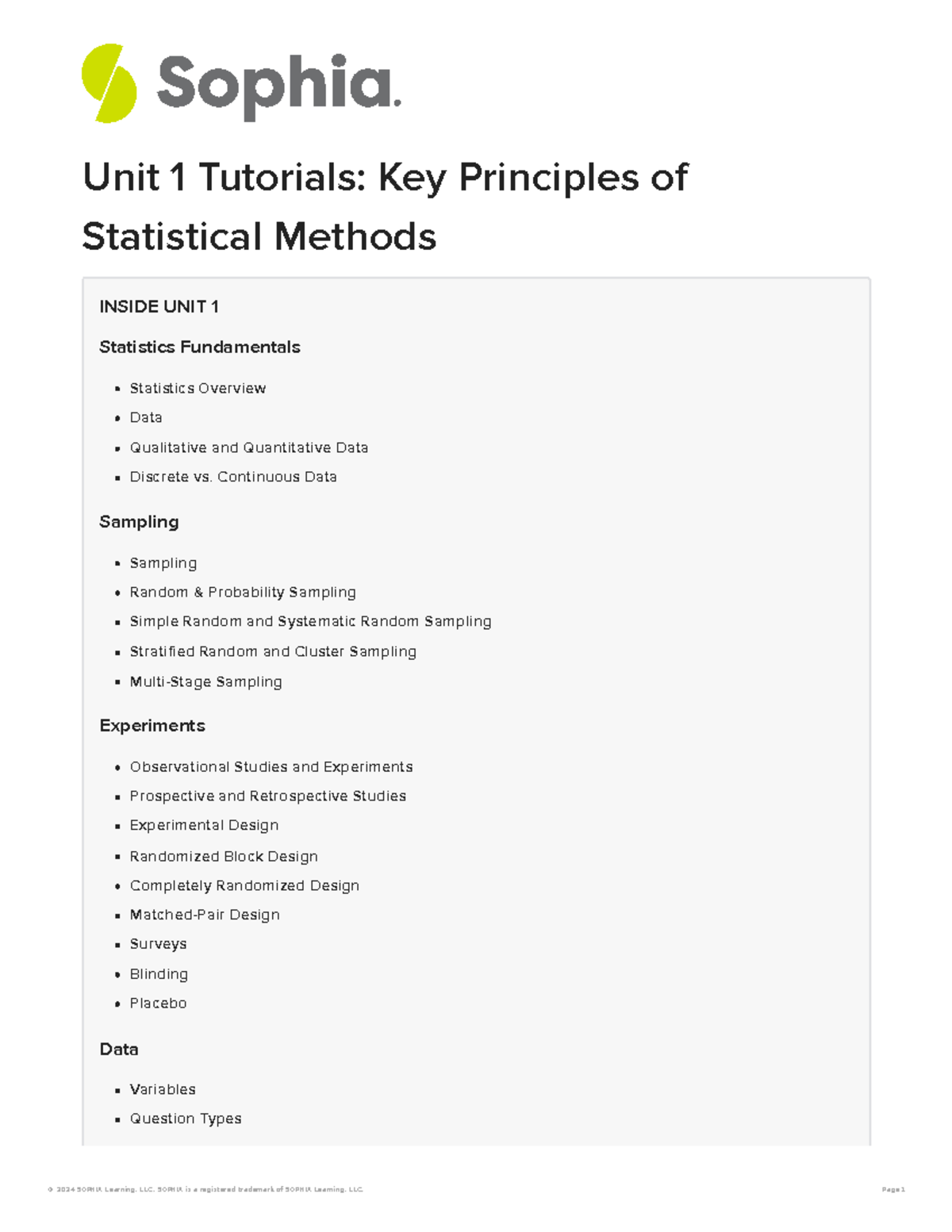 Unit 1 tutorials key principles of statistical methods - Unit 1 ...
