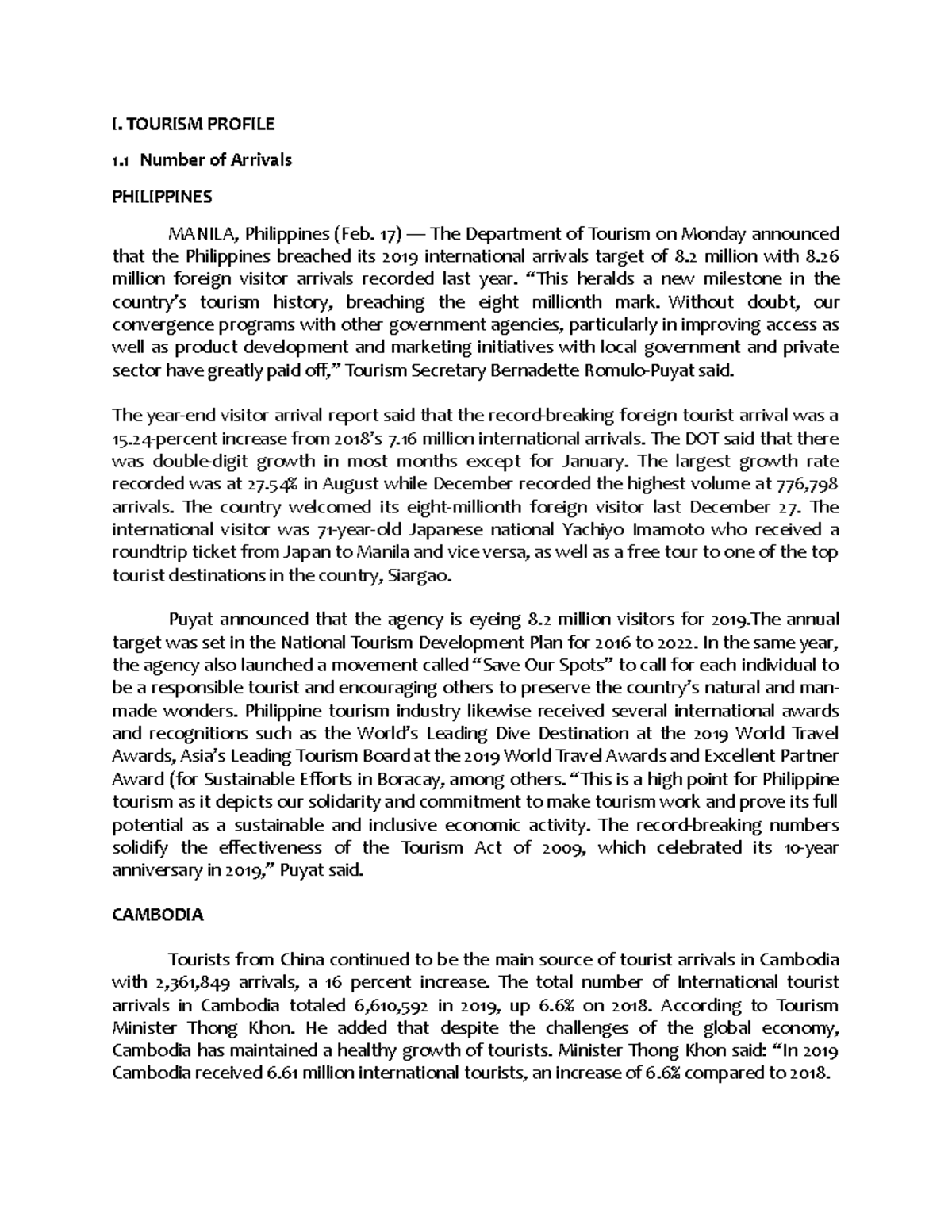 Tourism Profile - I. TOURISM PROFILE 1 Number of Arrivals PHILIPPINES ...