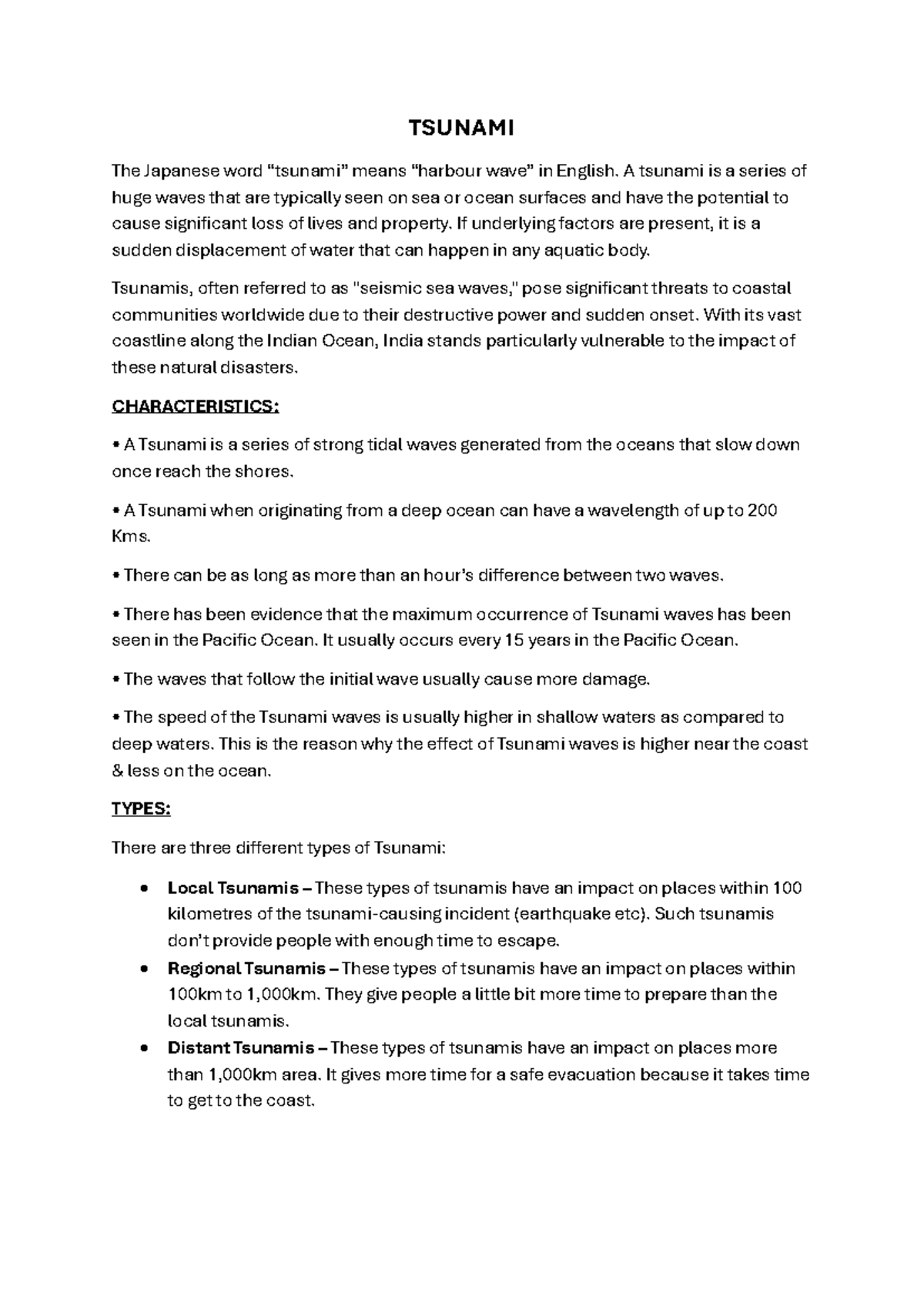 Tsunami - TSUNAMI The Japanese word “tsunami” means “harbour wave” in ...