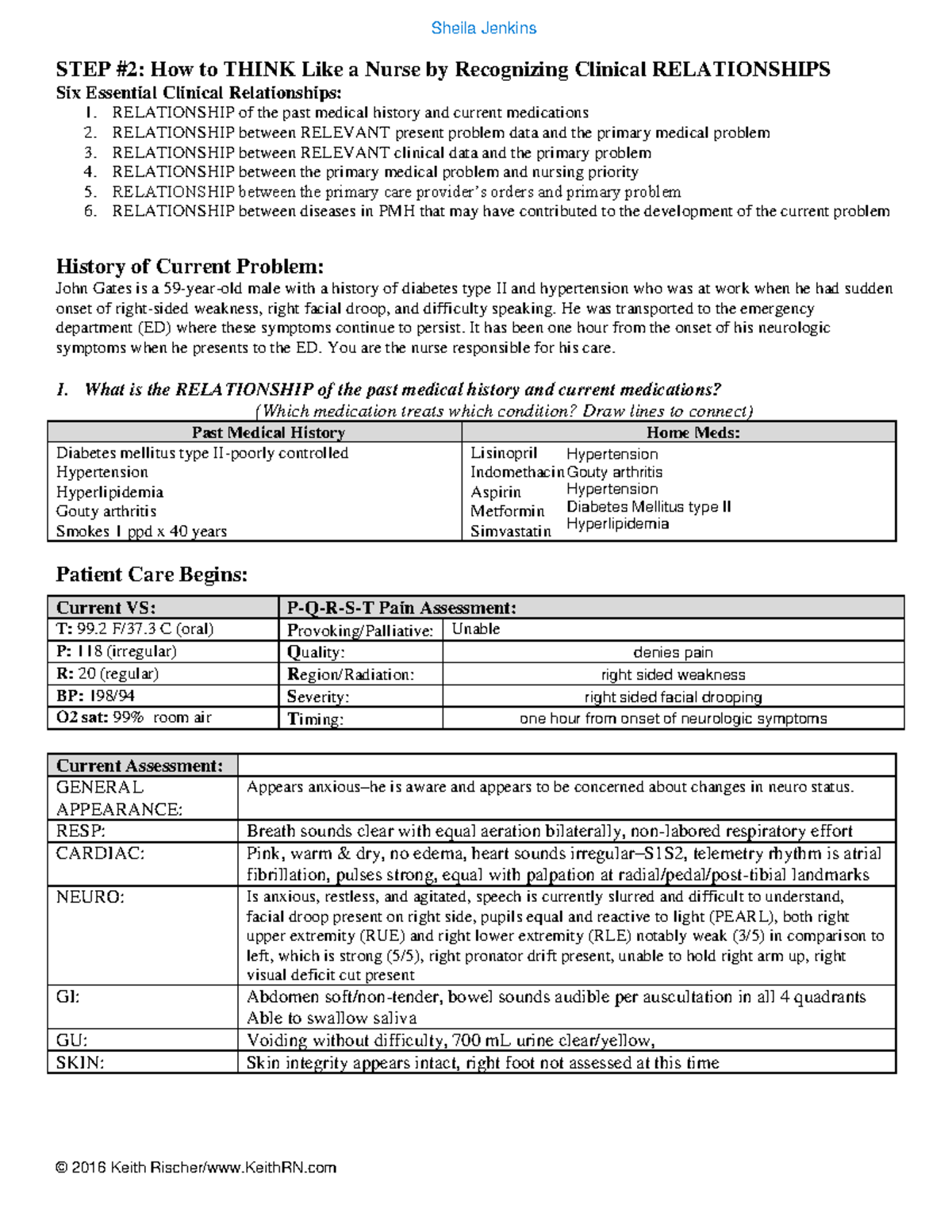 #2 Student CVA assignment - STEP #2: How to THINK Like a Nurse by Recognizing Clinical ...