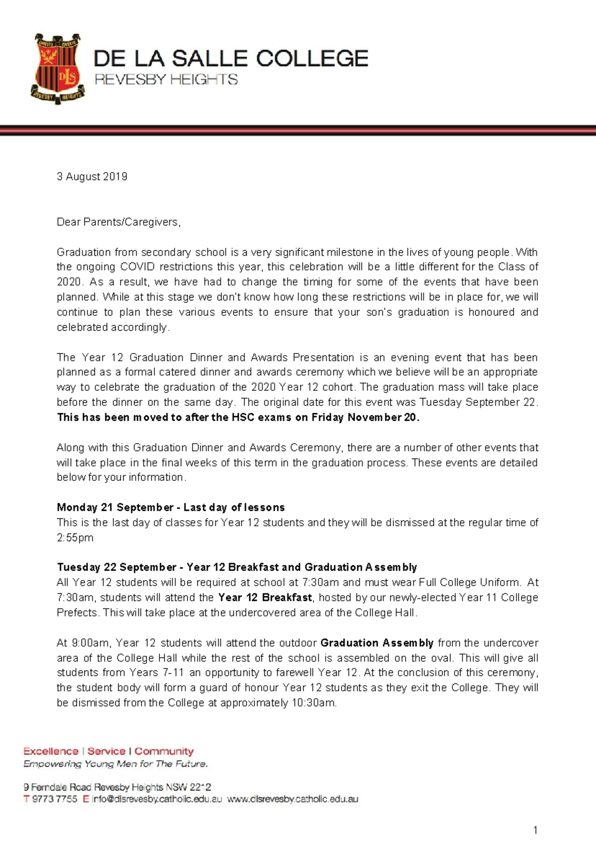 Year 12 Graduation 2020 - 3 August 2019 Dear Parents/Caregivers ...
