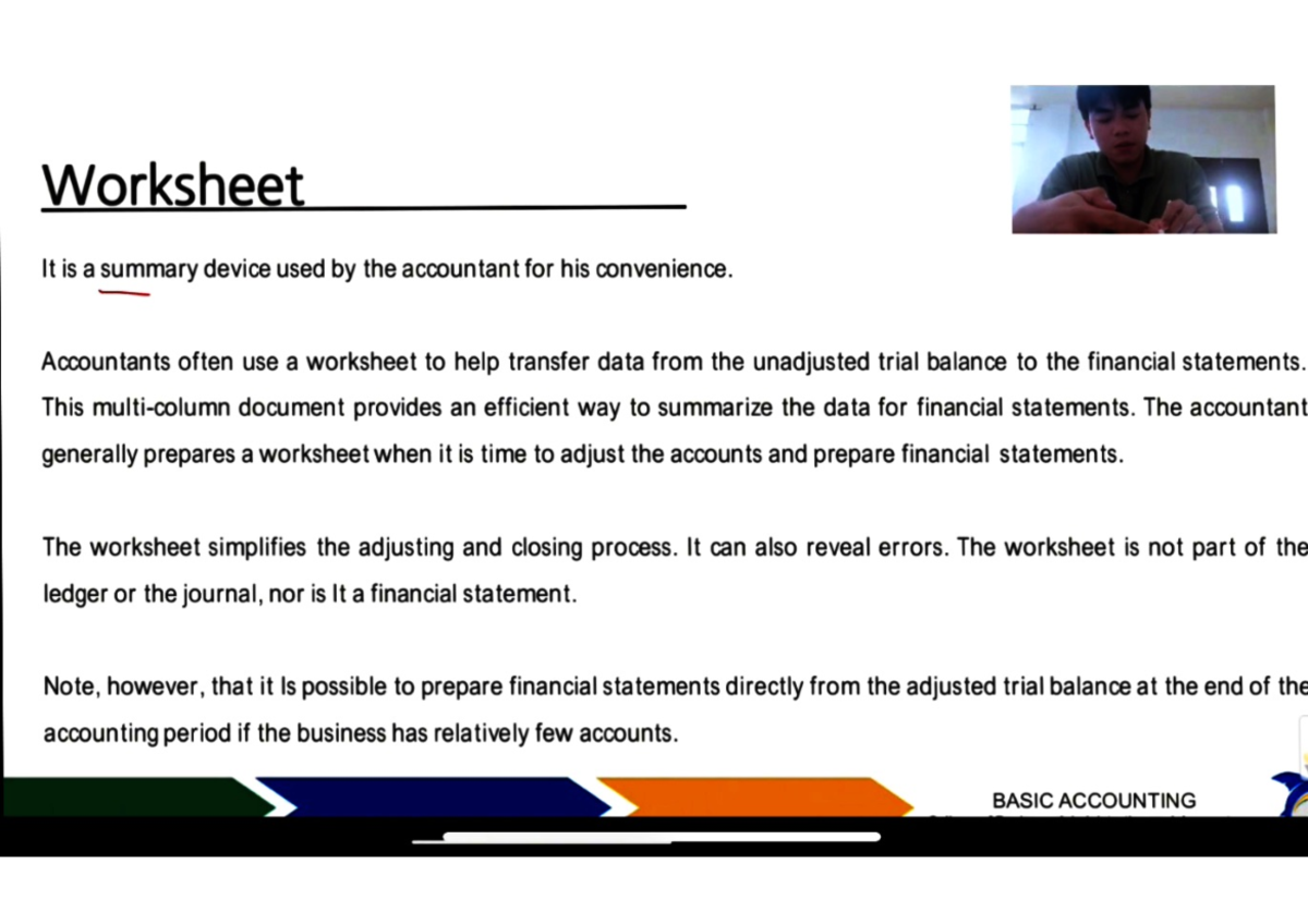Chapter 5 and 6 BFAR - Worksheet It is a summary device used the accountant for his convenience ...