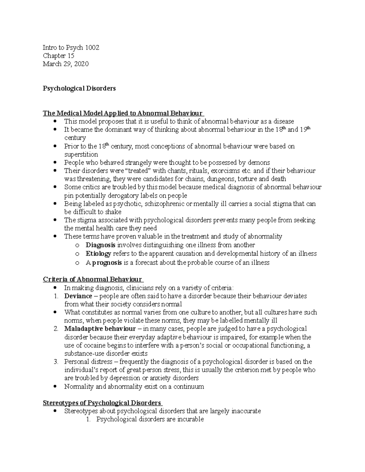 Chapter 15 Psychological Disorders - Intro to Psych 1002 Chapter 15 ...