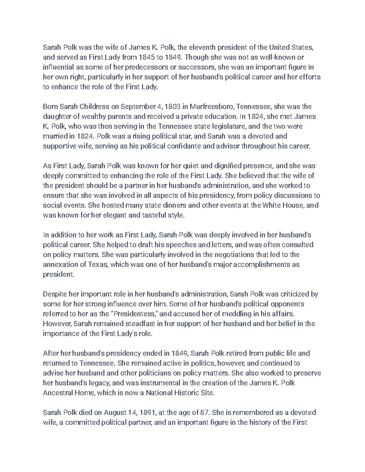 Sarah Polk - Polk, the eleventh president of the United States, and ...