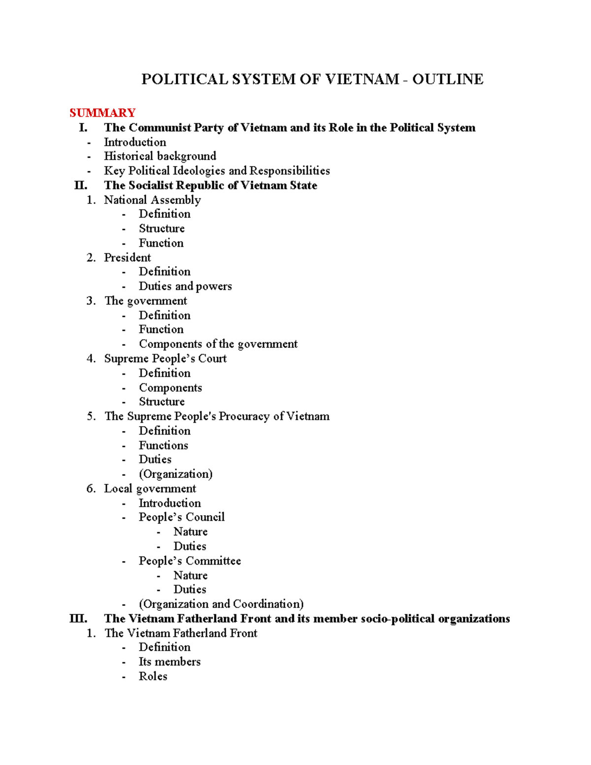 Political System of Vietnam - Outline - POLITICAL SYSTEM OF VIETNAM ...