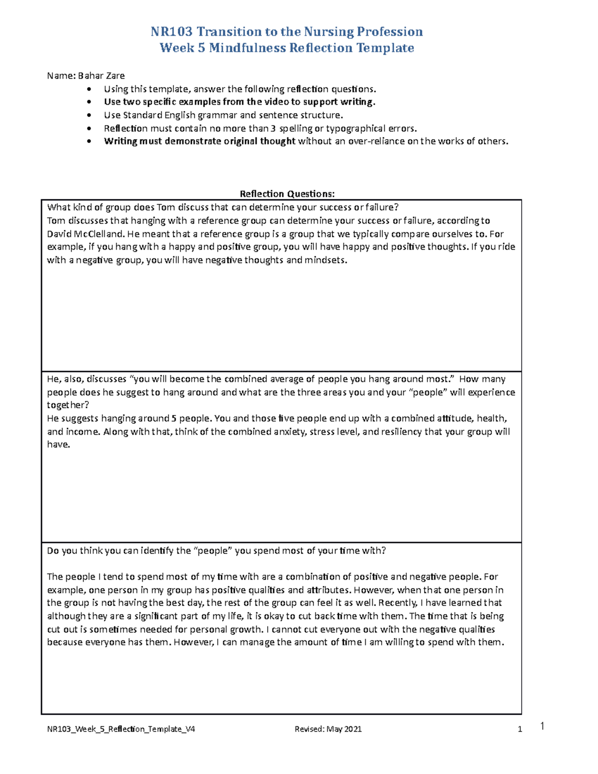 WK+5+ Reflection - NR103 Transition to the Nursing Profession Week 5 ...