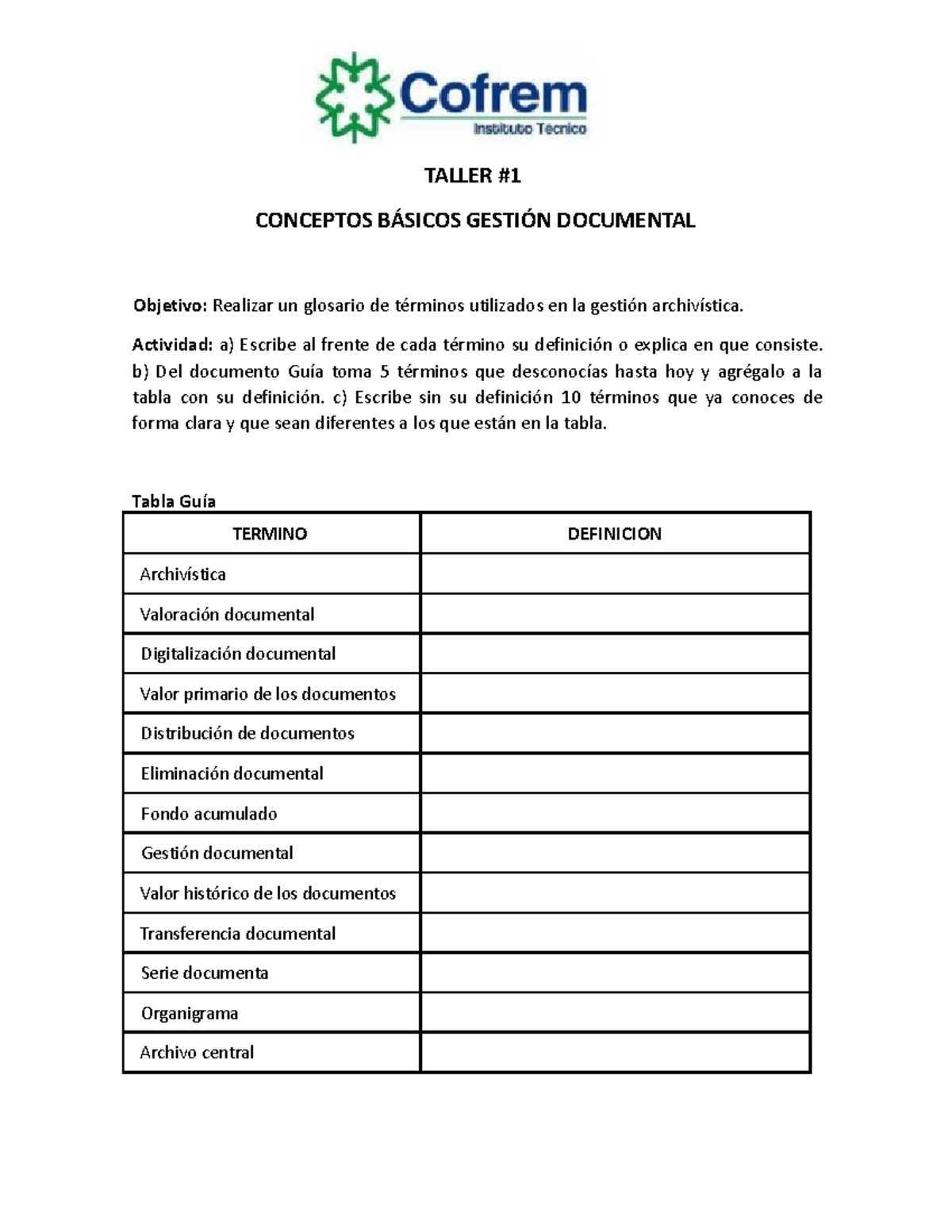 Taller 1 Conceptos - safasf - TALLER CONCEPTOS BÁSICOS GESTIÓN DOCUMENTAL Objetivo: Realizar un ...