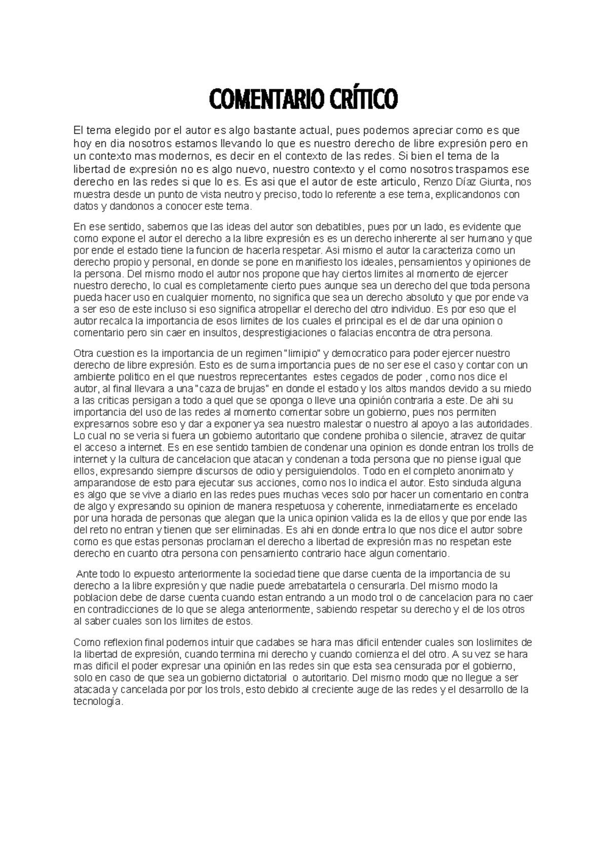 Comentario Critico - COMENTARIO CRÍTICO El tema elegido por el autor es ...