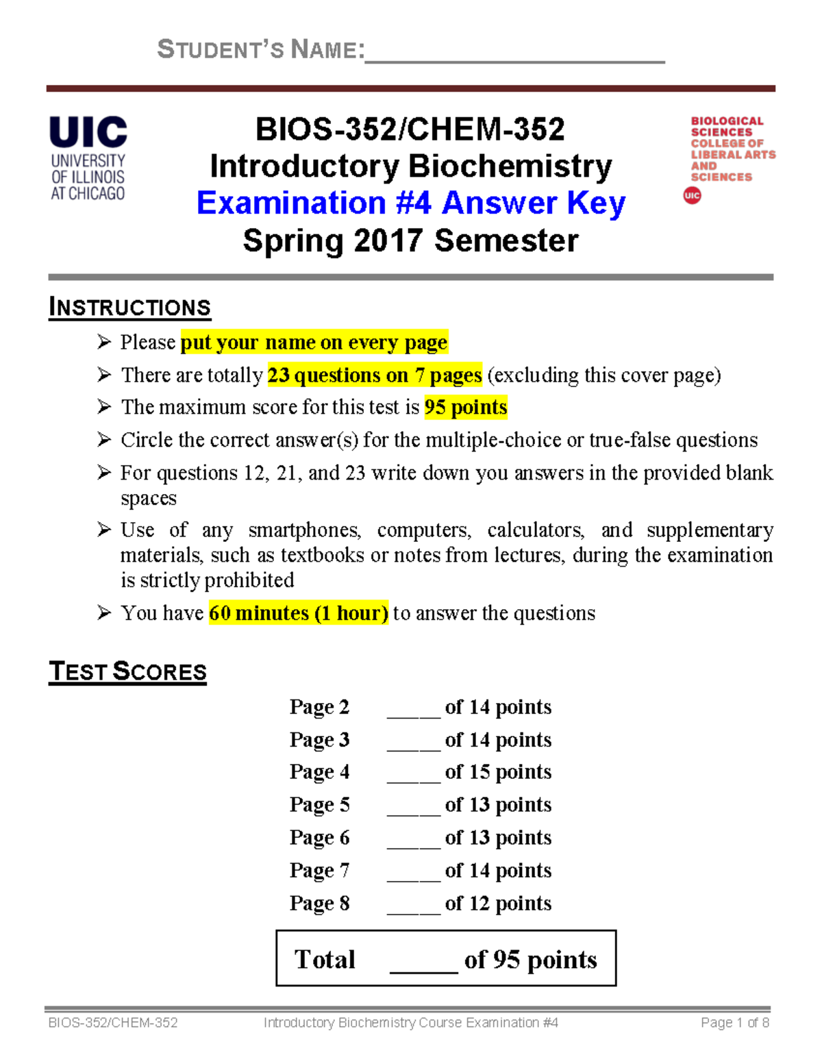BIOS 352 Past Exam 4 - STUDENT’S NAME:____________________ BIOS-352 ...