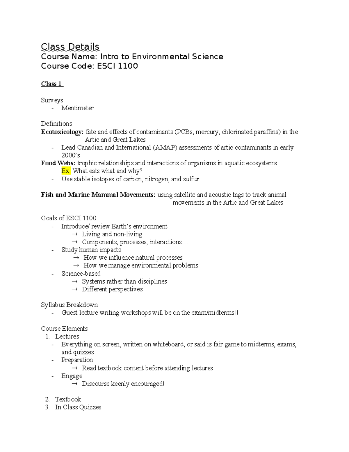 Environmental Science - Class Details Course Name: Intro to ...