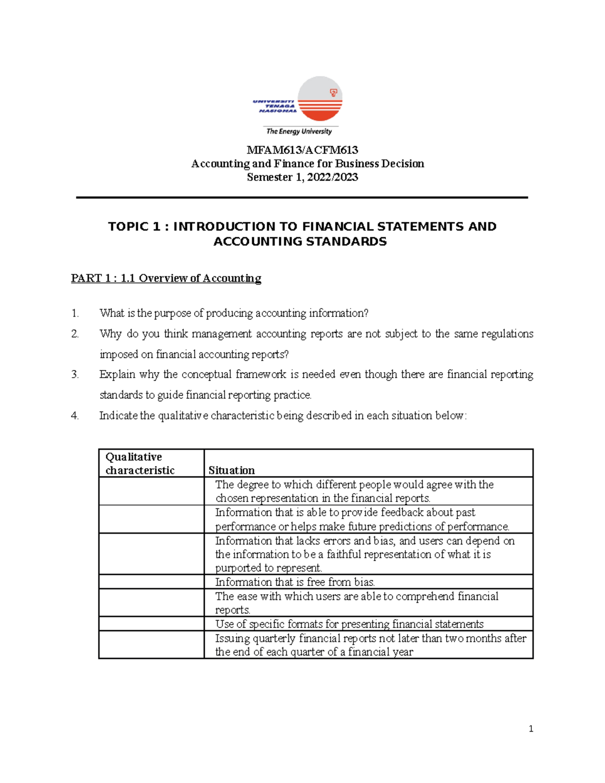 Tutorial Questions Topic 1 Sem 1 2223 - MFAM613/ACFM Accounting and ...