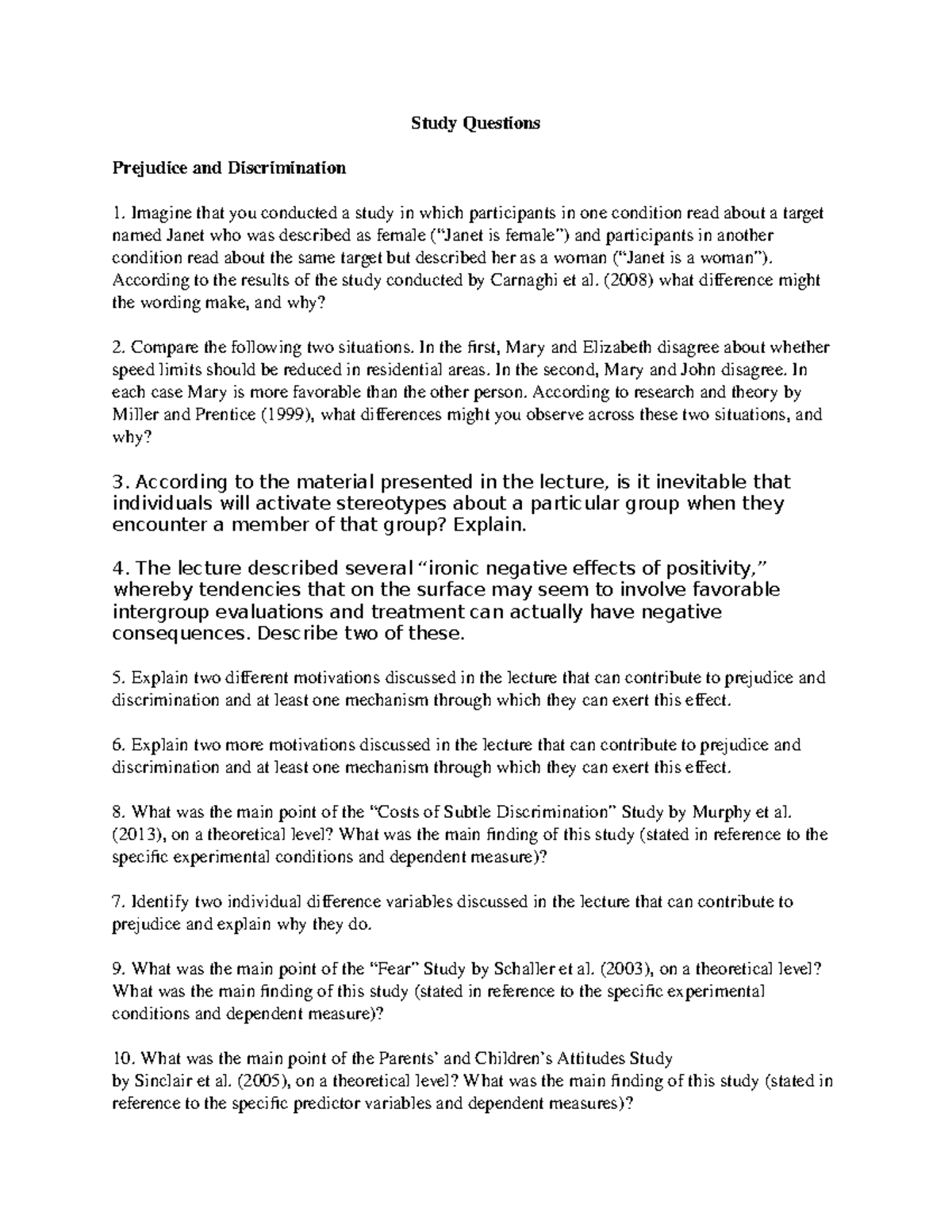 Study Questions for Prejudice - Study Questions Prejudice and ...