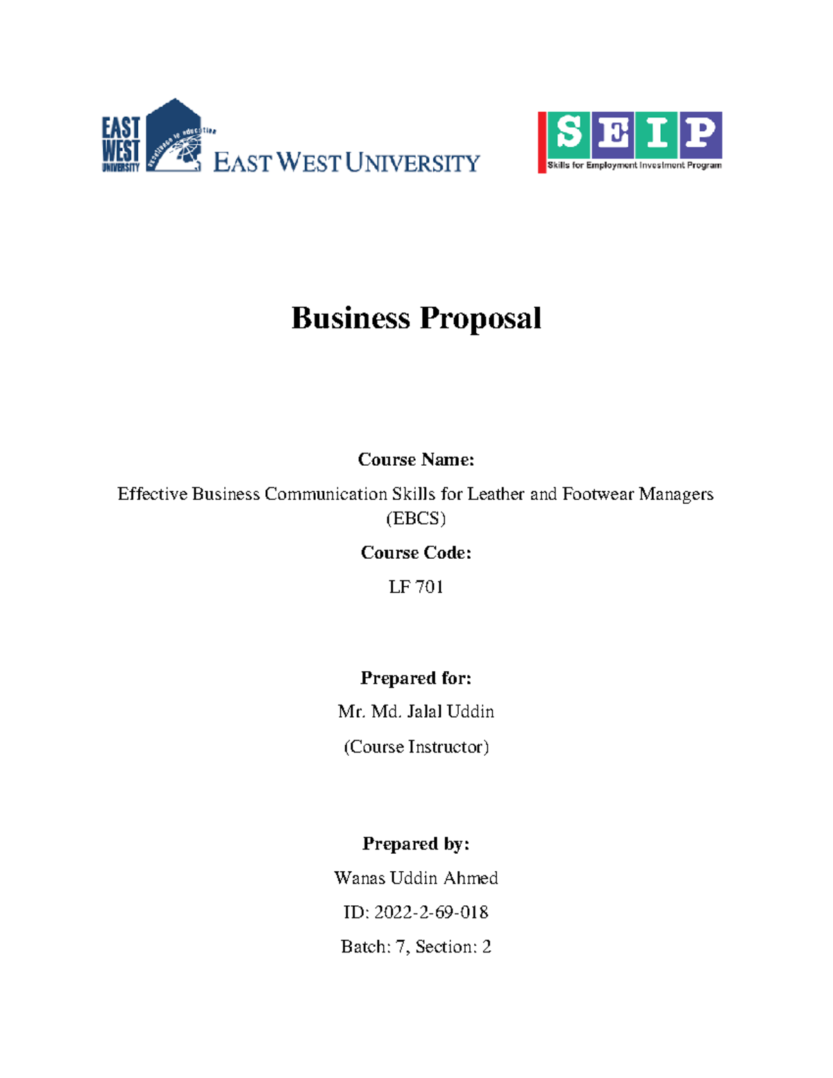 Business Proposal Wanas 18 - Business Proposal Course Name: Effective ...