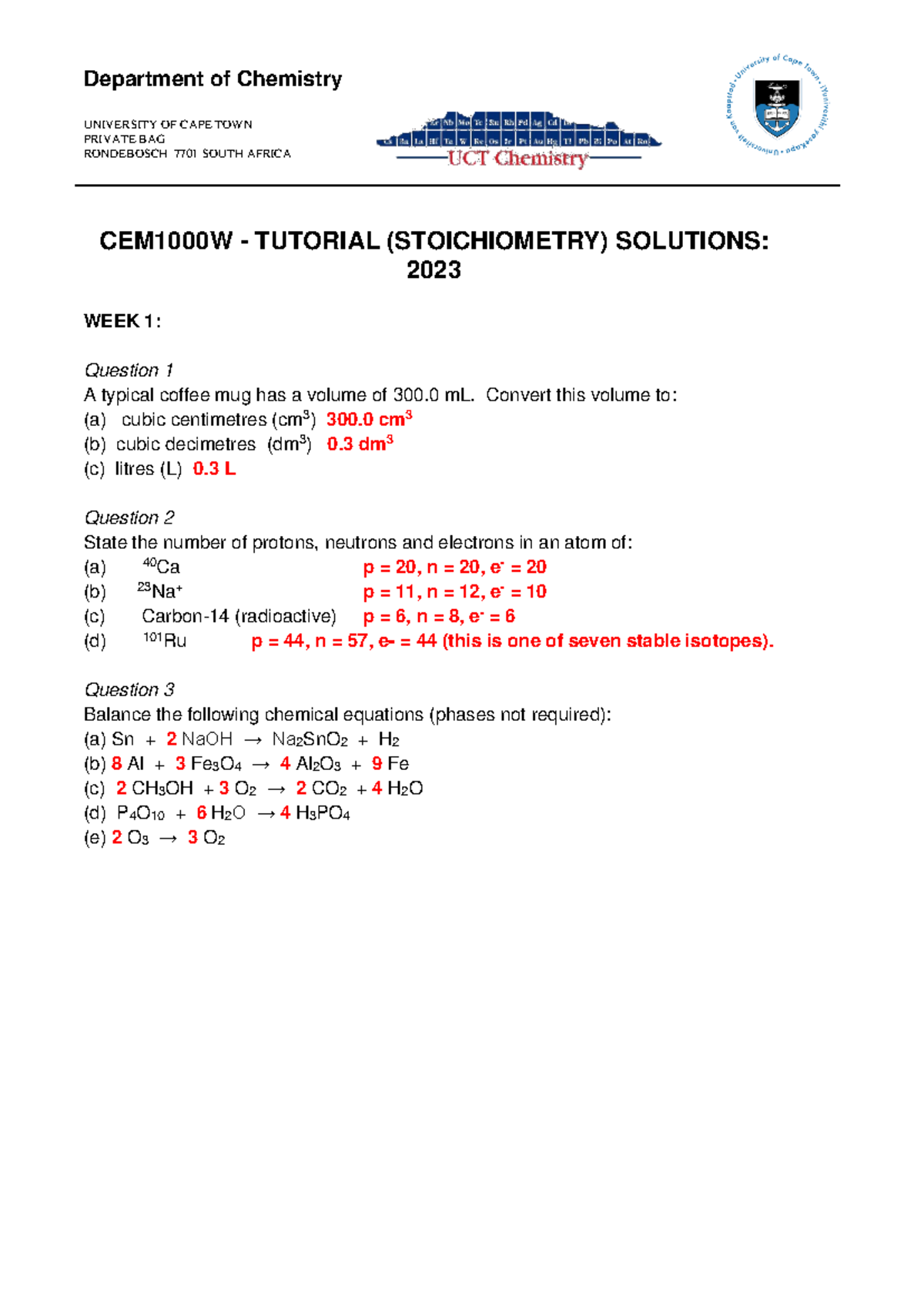 CEM1000W Tutorial (Stoichiometry) 2023 Solutions - Department of Chemistry UNIVERSITY OF CAPE ...