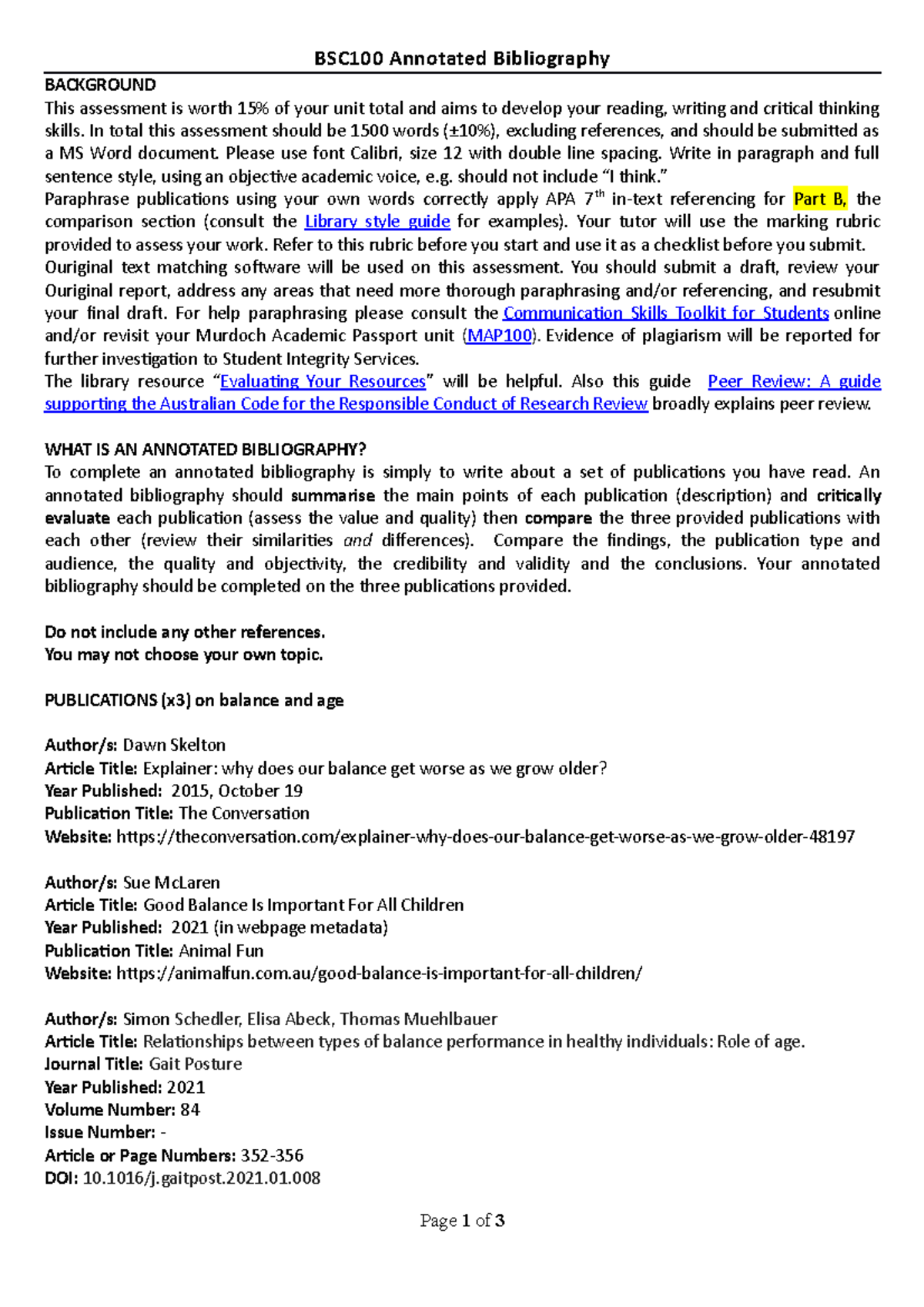 BSC100 s2 2022 Ann Bib Instructions - BSC100 Annotated Bibliography BACKGROUND This assessment ...