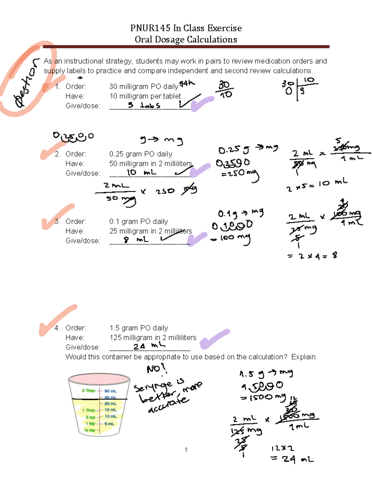 Week 9-10 Oral Dosage Calculations - Oral Dosage Calculations 1 As an ...
