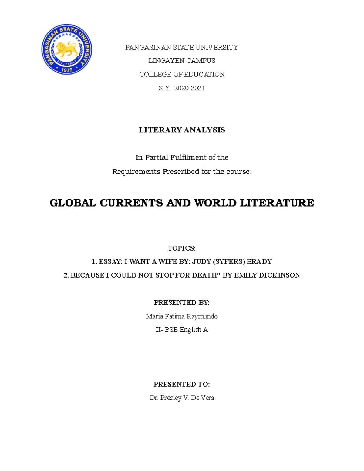 LIT2- Literary Analysis - BS. education - PangSU - Studocu