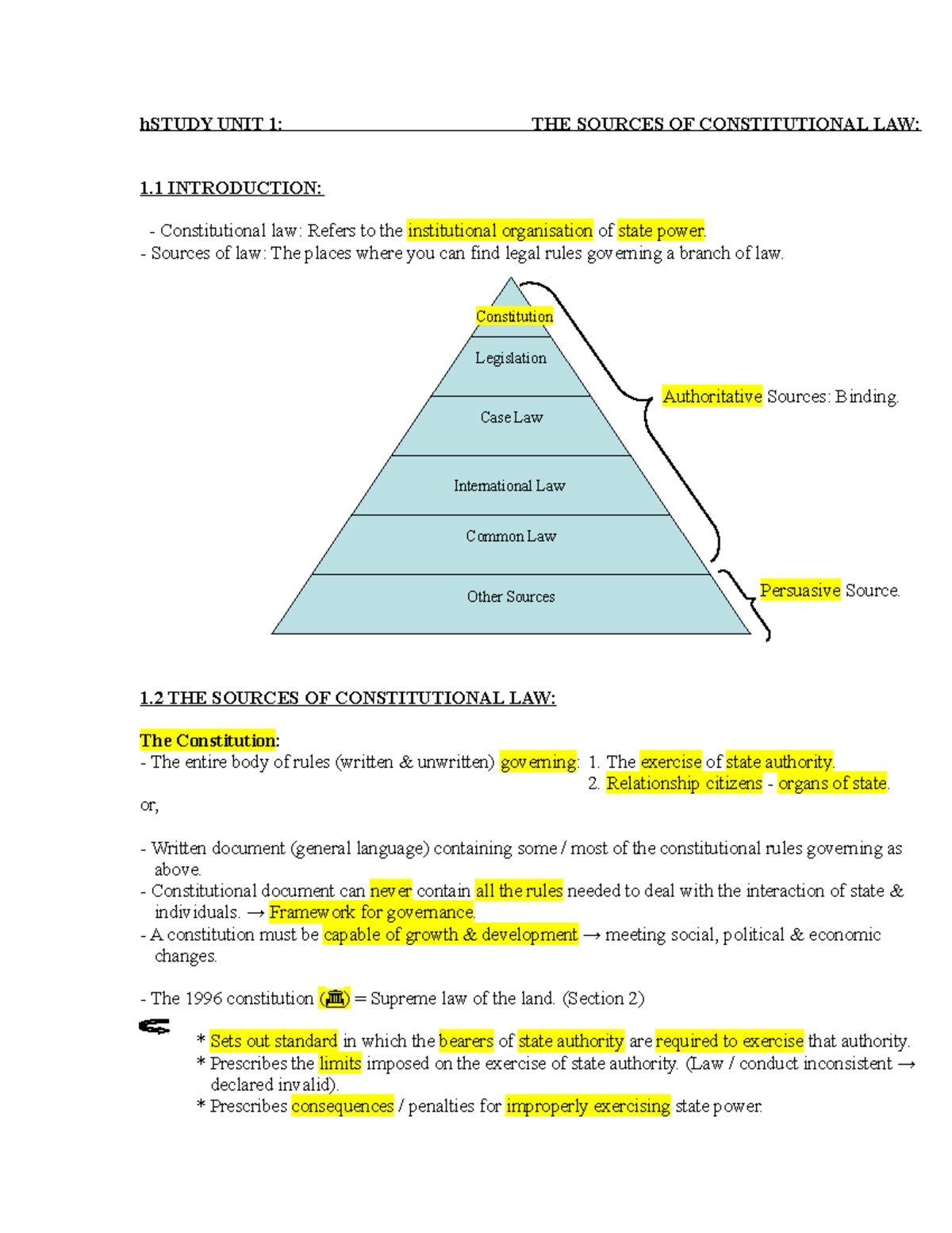 CSL2601 1 Sources of Consitutional Law - . Legislation Case Law ...