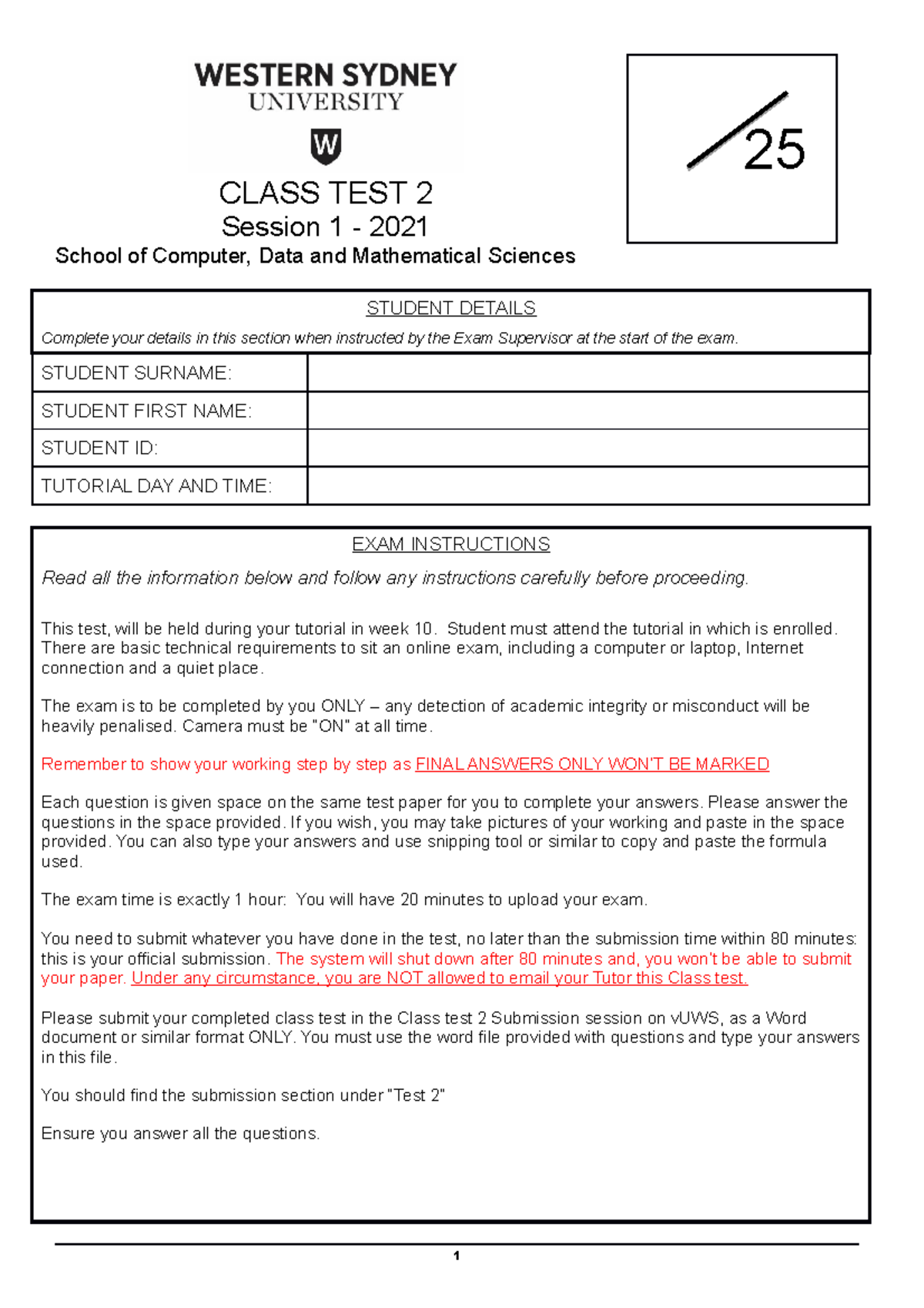 Test 2 - Questions S1 2021 - CLASS TEST 2 Session 1 - 2021 25 School of ...