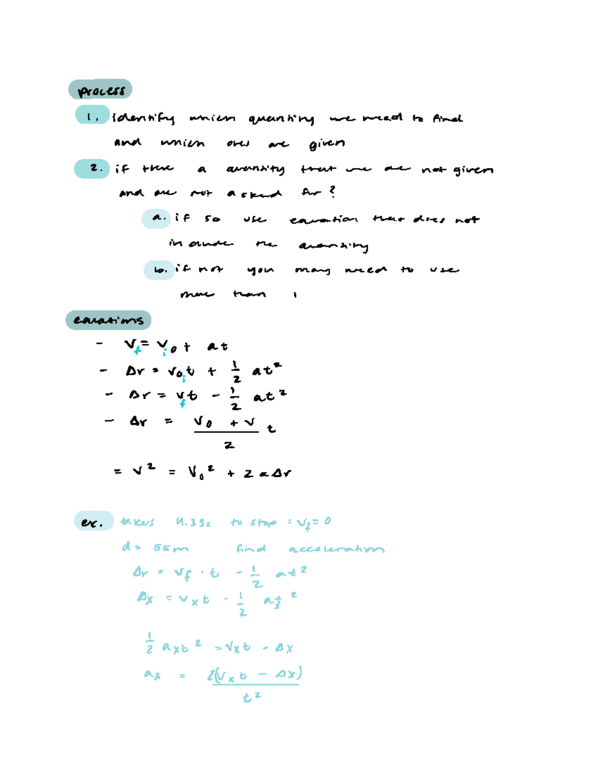 Kinematics Equations - Sheridan phys 2a - process 1 identify union quantity we need to find and ...